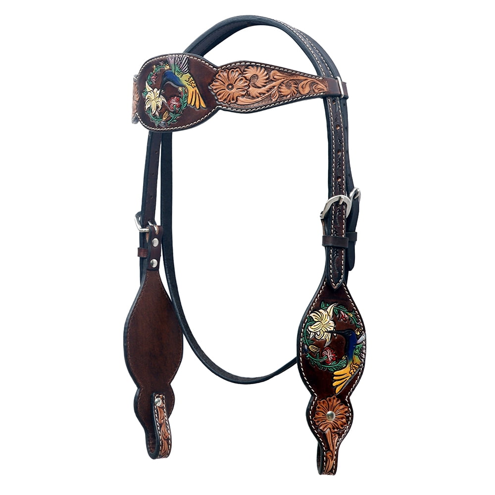 Bar H Equine Western Leather Horse Headstall Hand Painted Floral Brown ...