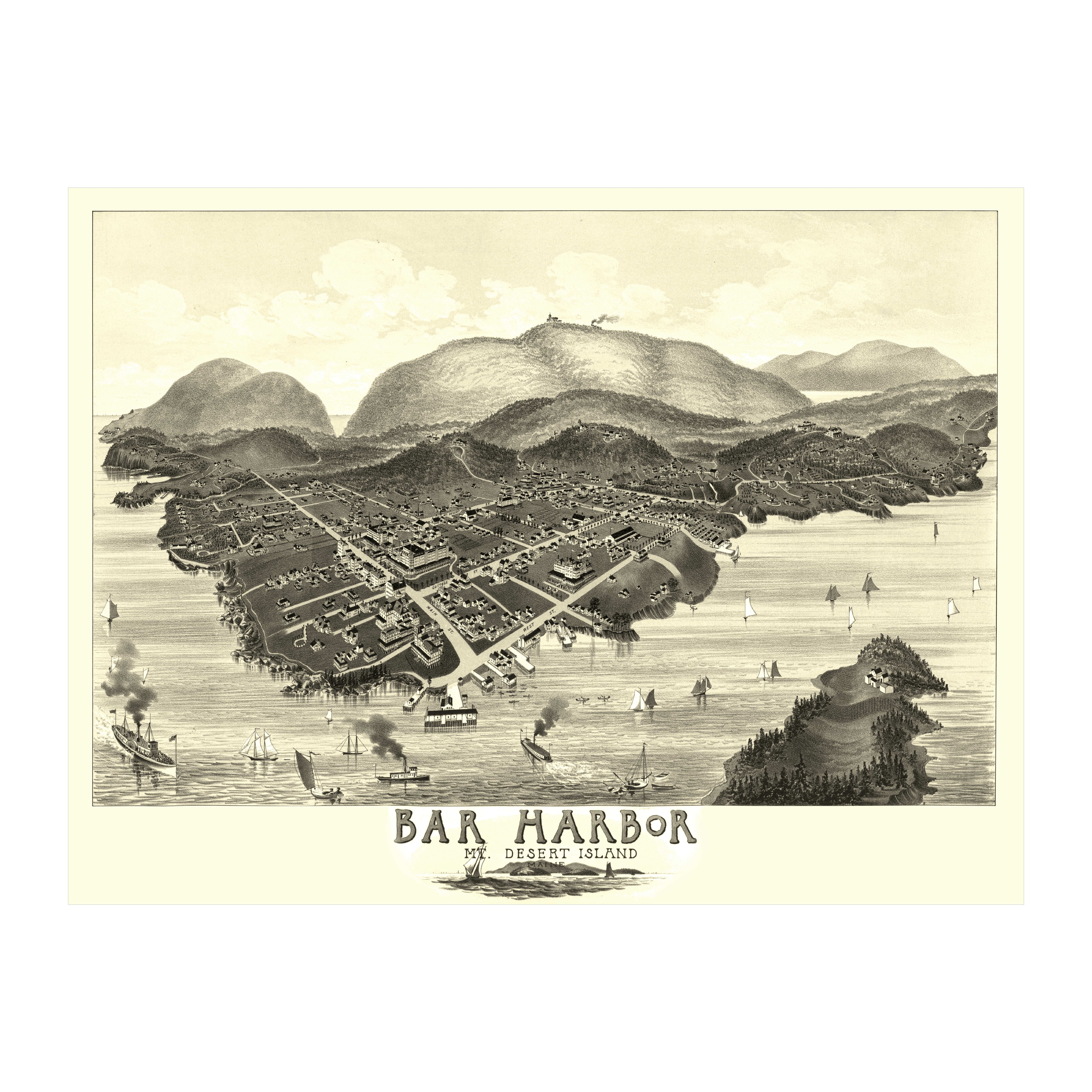 Bar Harbor Art, 1886 Vintage Map of Bar Harbor Maine, ME History Wall ...