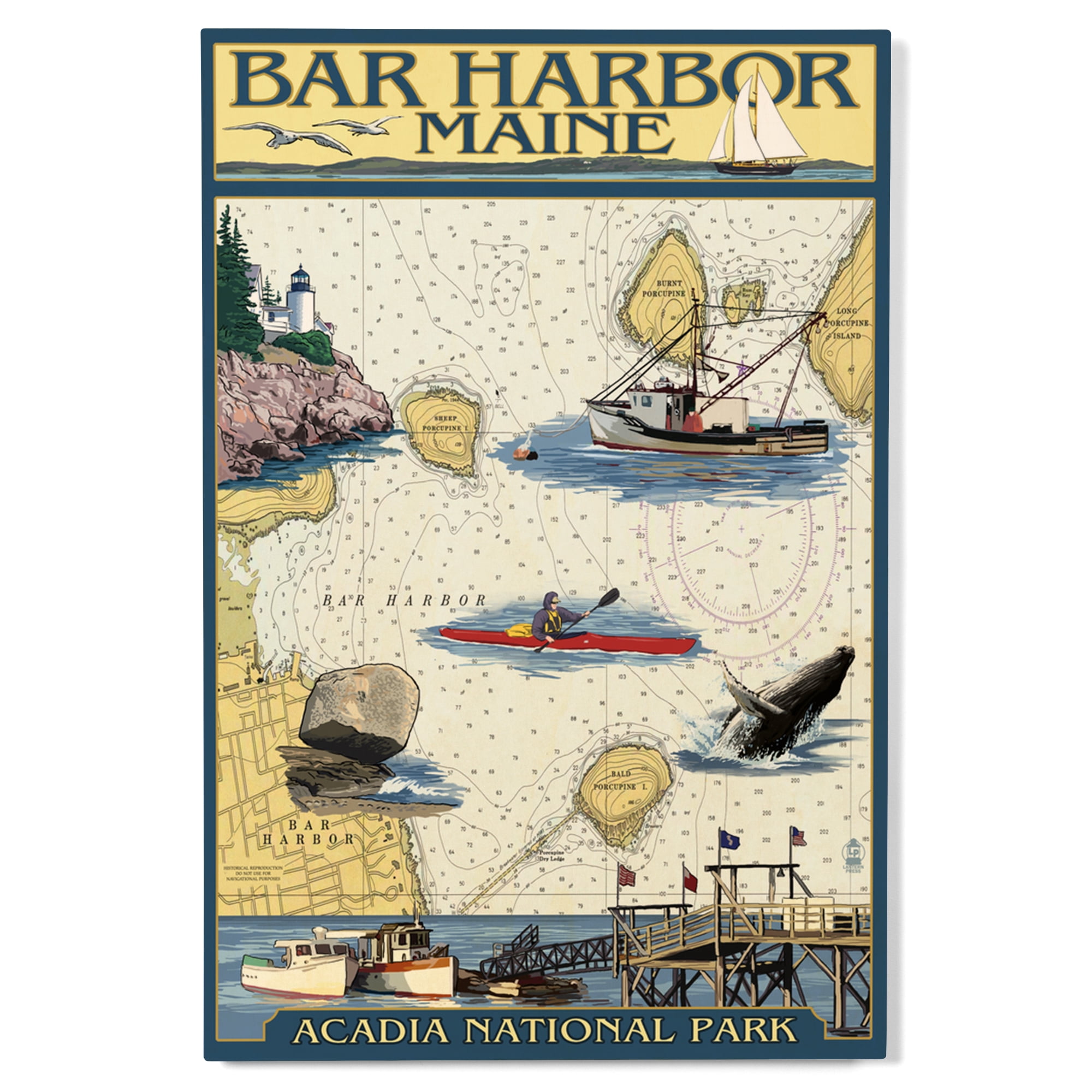 Bar Harbor, Maine, Nautical Chart Birch Wood Wall Sign (12x18 Rustic ...