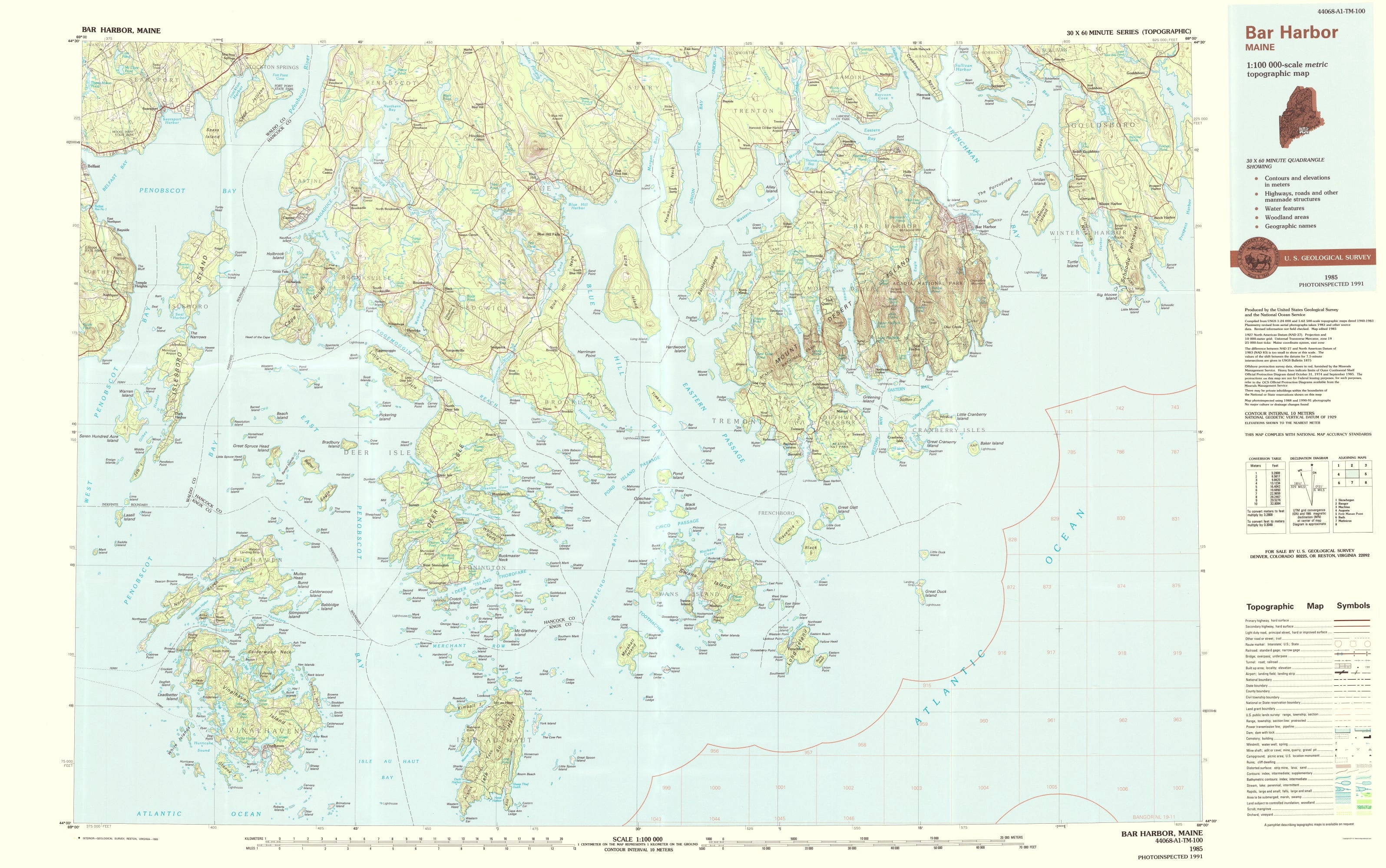 Topographical Map - Bar Harbor Maine Quad - USGS 1985 - 23 x 36.69 ...