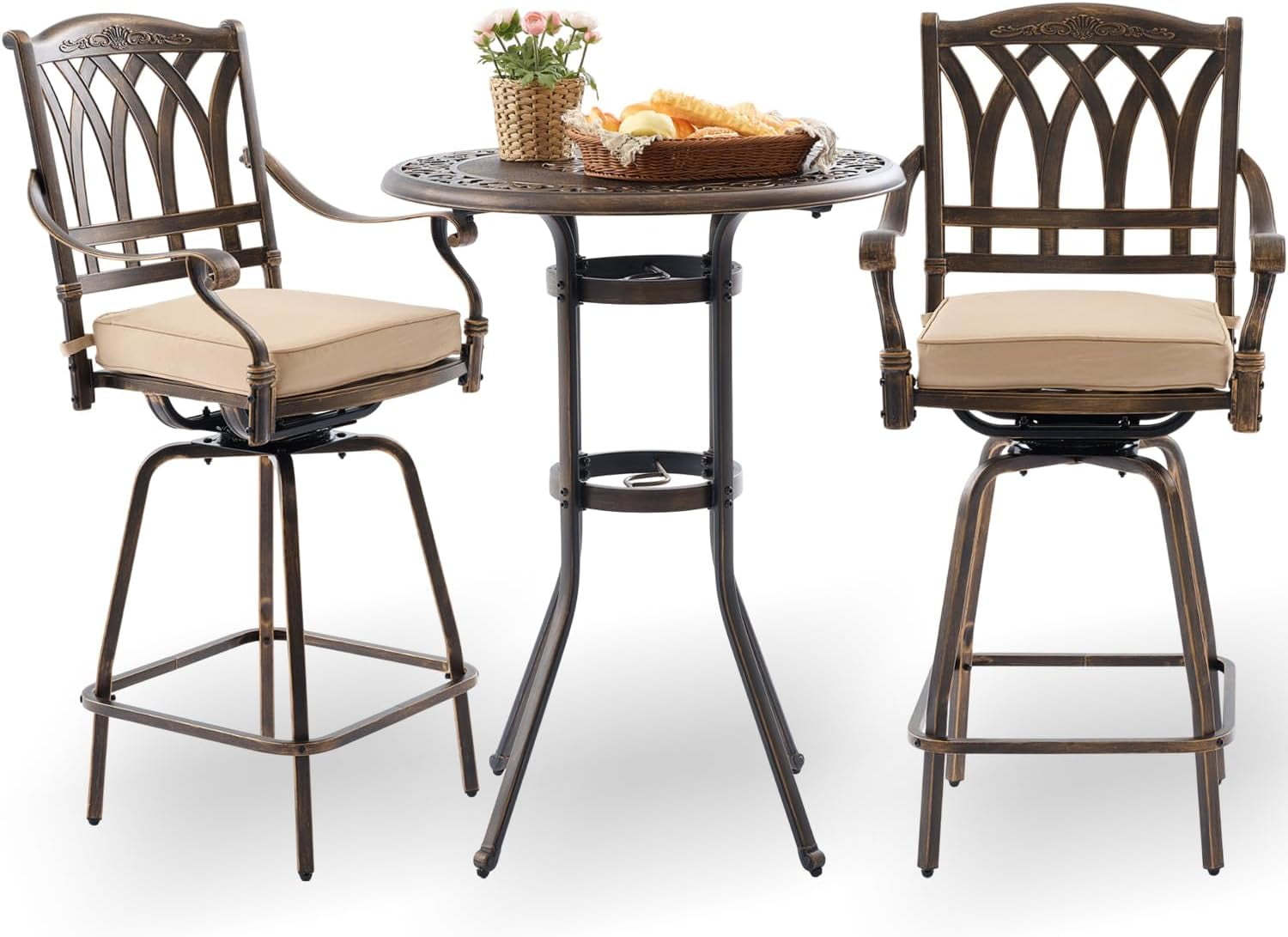 Bar Height Outdoor Table and Chairs, 3 PCS Cast Aluminum Patio Swivel ...
