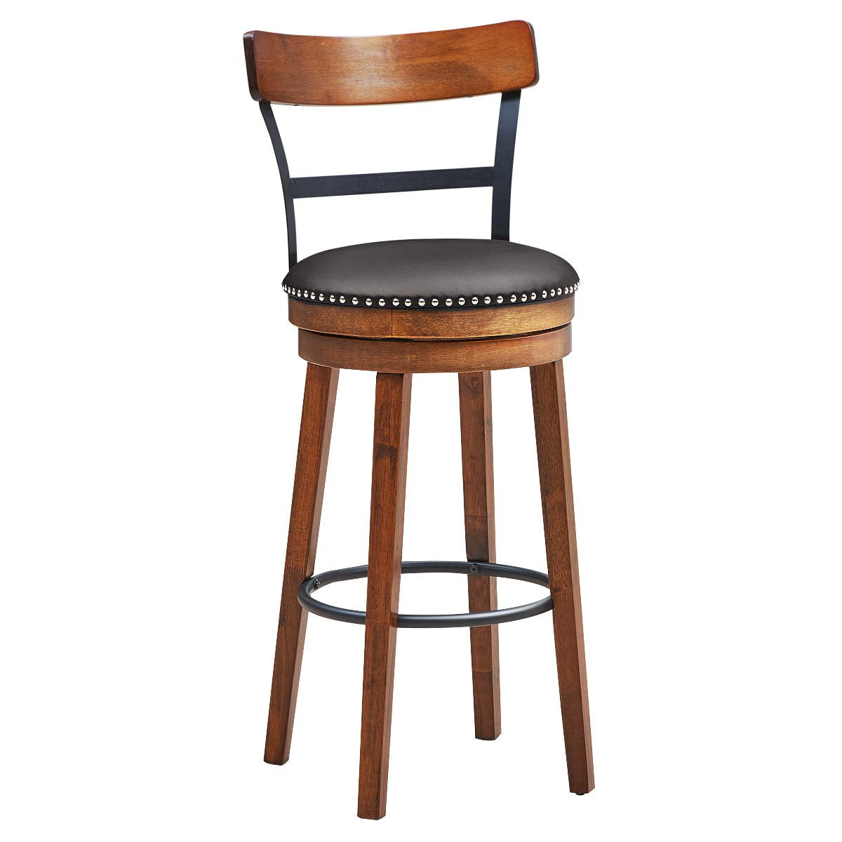 Bar Height Swivel Stools, Leather Padded Seat & Slat Back Support ...