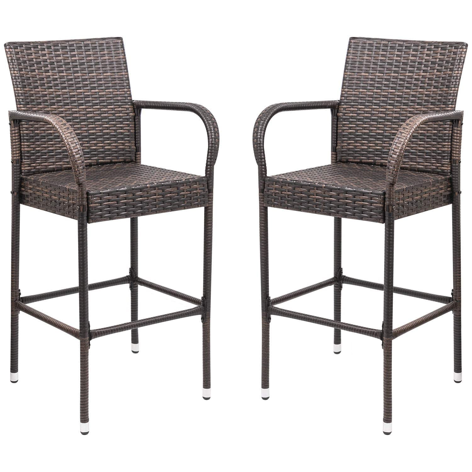 Bar Height Wicker Stools Set of 2, Patio Chairs with Footrest Armrest ...