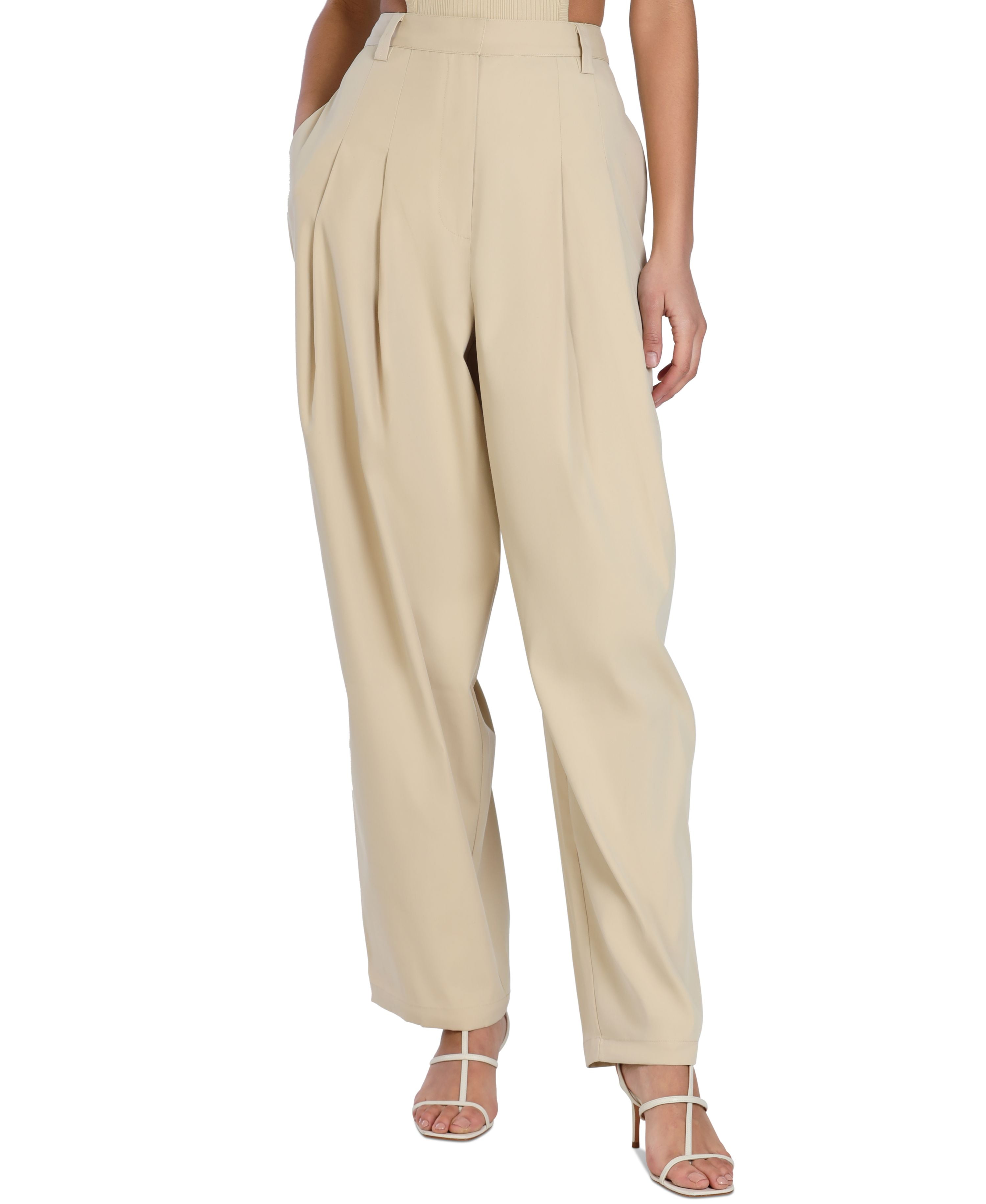 Bar III Nicole Williams English Pleated Wide Leg Relaxed Pants Beigekhak 10 - Walmart.com
