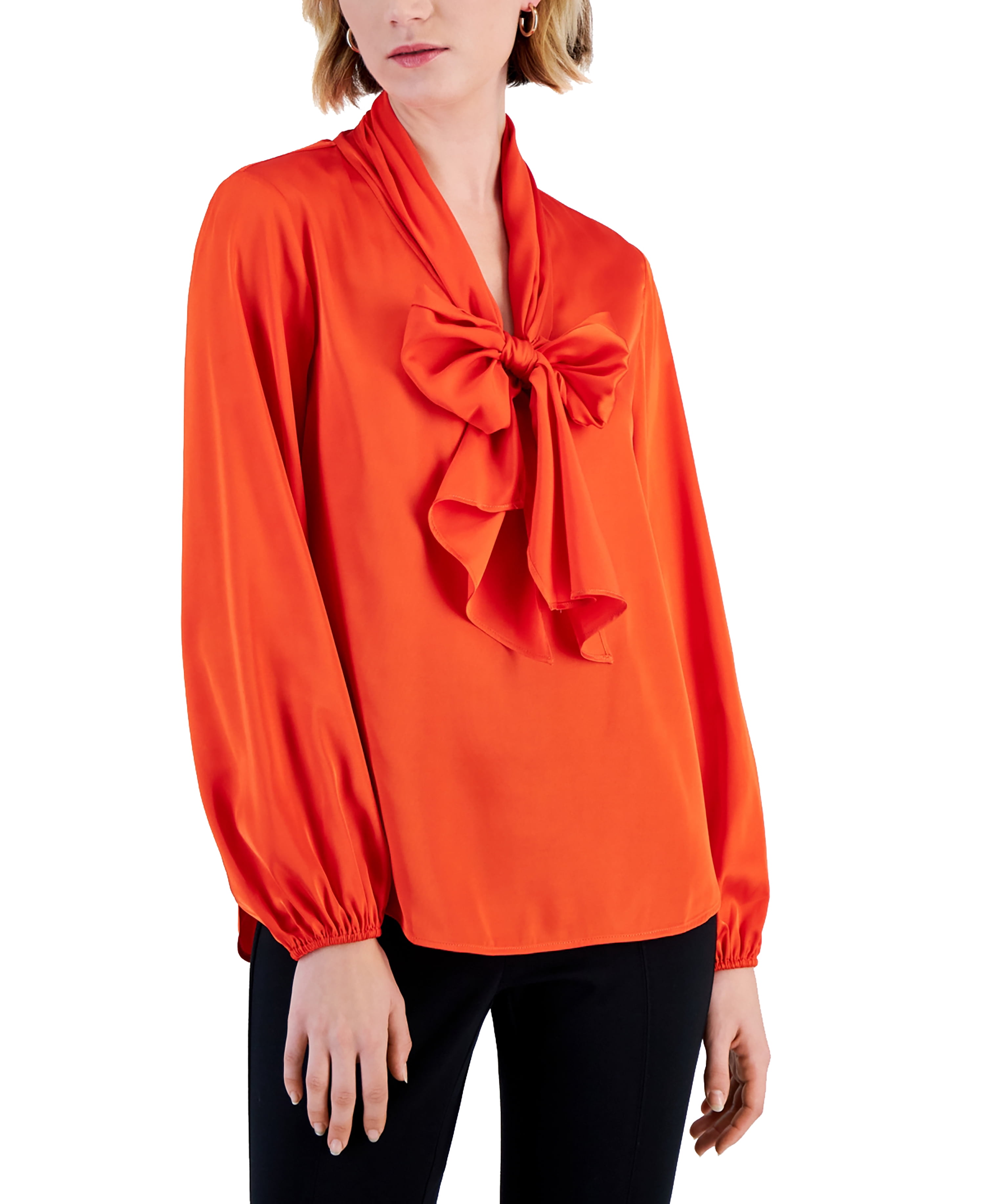 Bar III Women's Bow-Tie Long-Sleeve Blouse Spice Orange XXS - Walmart.com