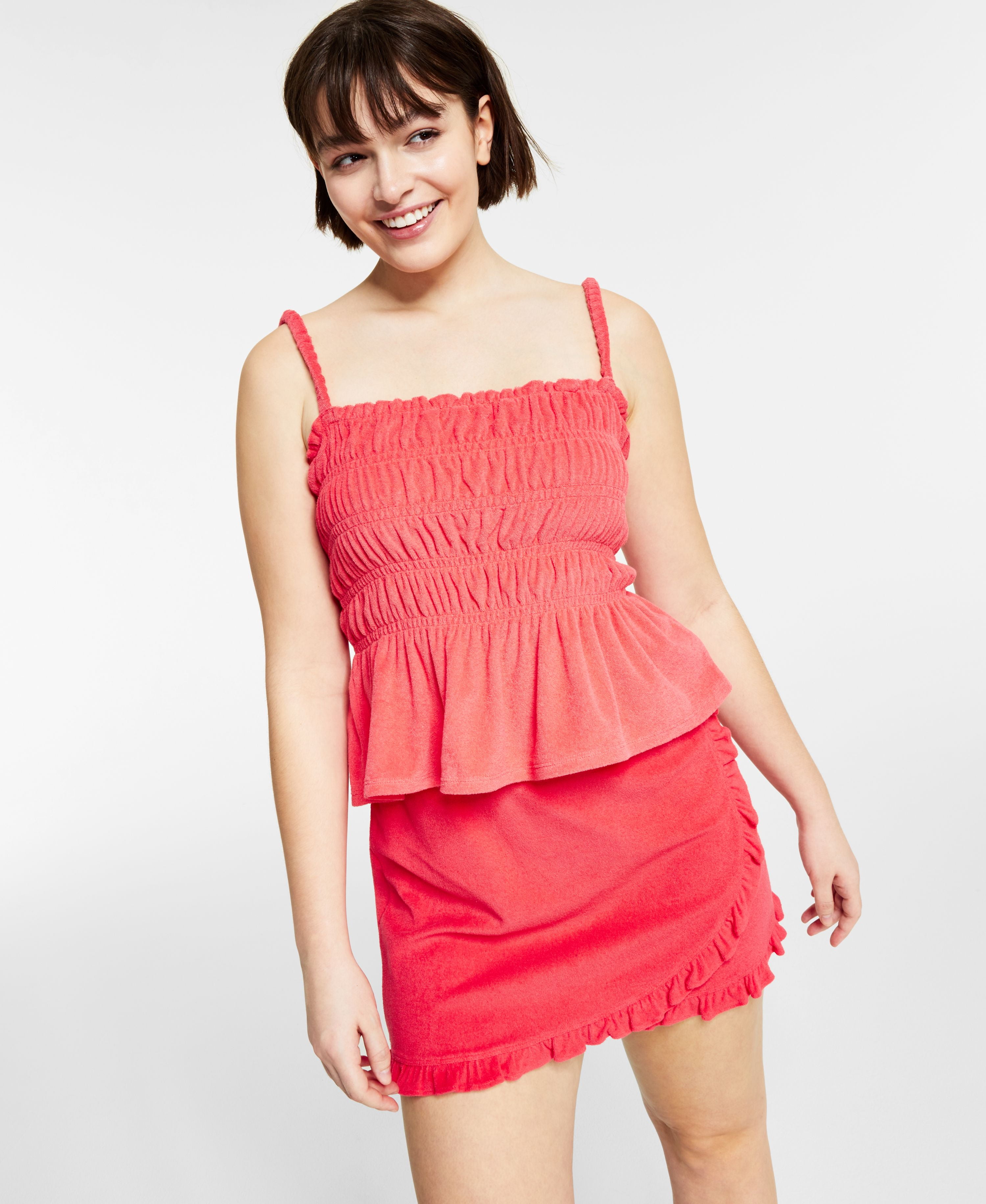 Bar III Womens Terry Ruffled Smocked Top Watermelon Punch 2XL - Walmart.com