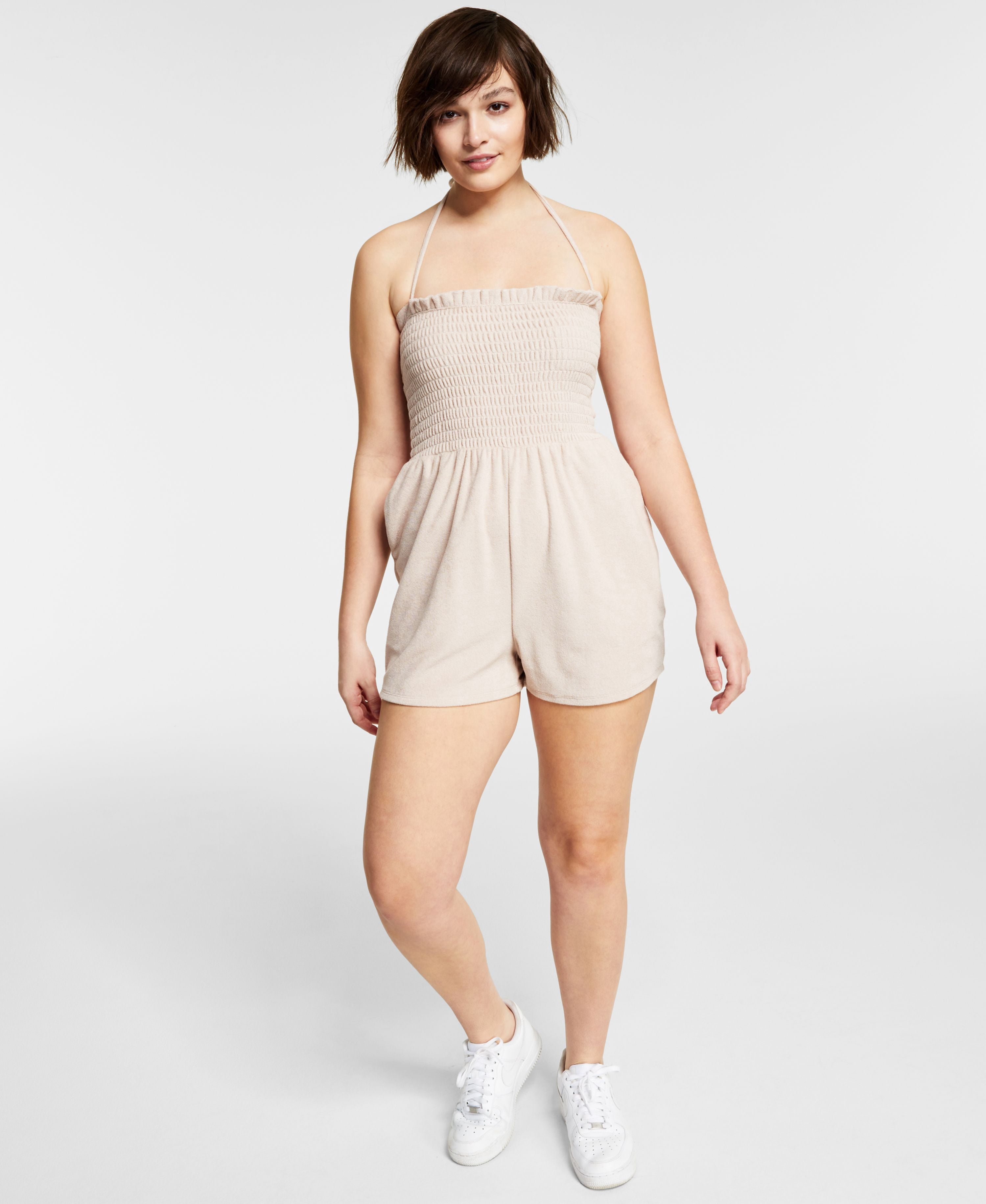 Bar III Womens Tie Neck Terry Cloth Romper Naturally Nude L - Walmart.com