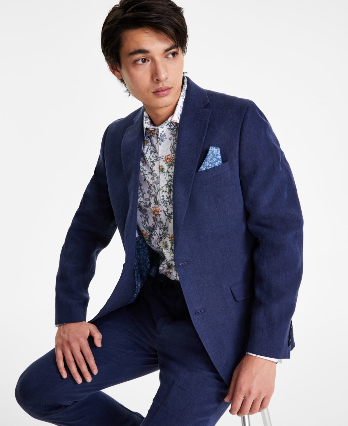 Bar Iii Mens Slim fit Suit Jacket Blazer 44 S Navy Blue Solid Linen ...