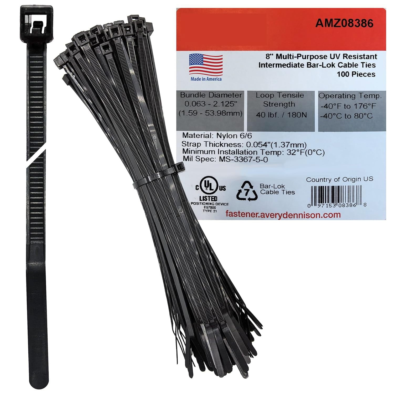 Bar Lok 8” Zip Ties – 100 Pieces, Black – Made in America – Weather, UV & Impact Resistant ...