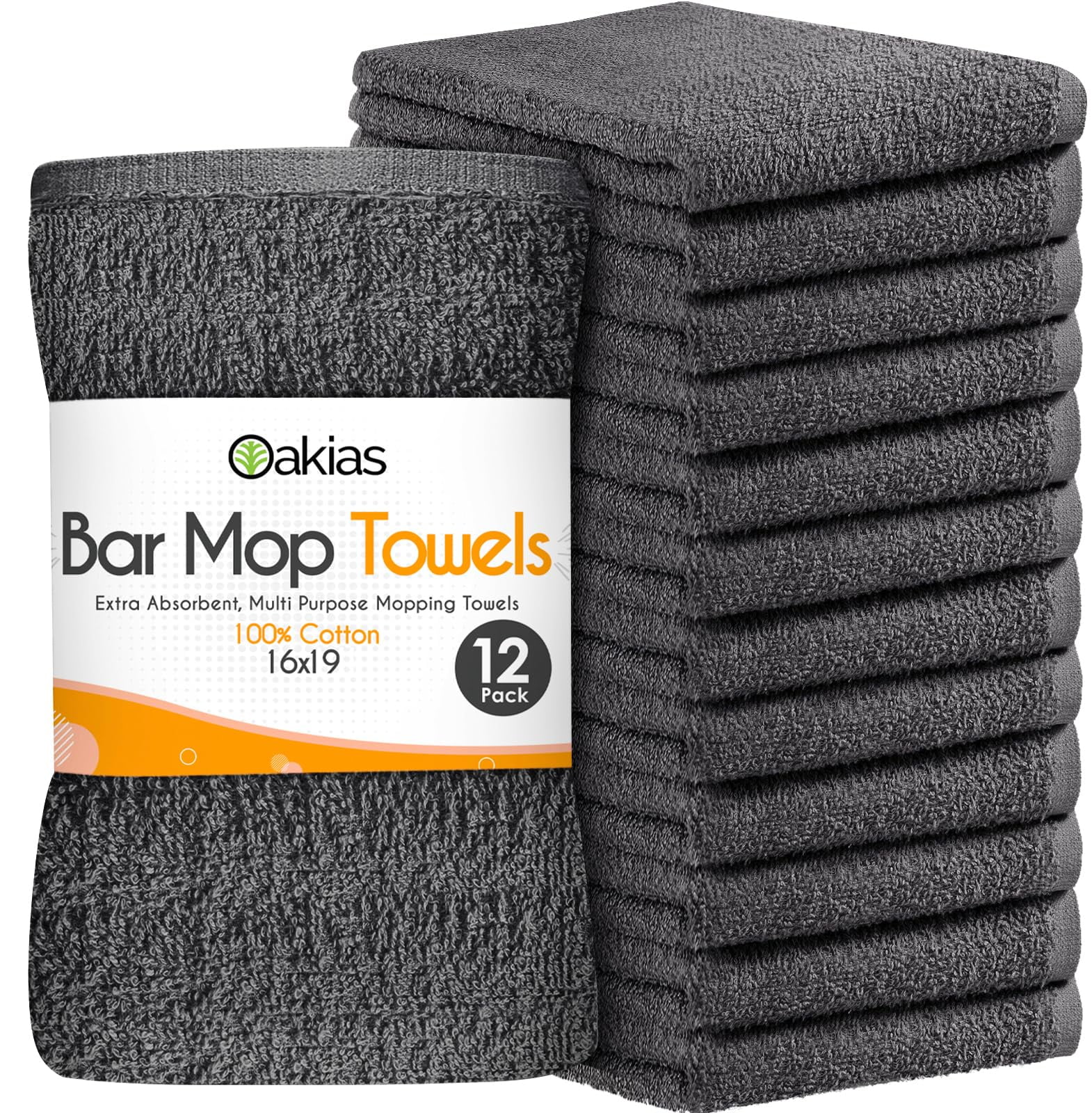 Oakias 100% Cotton Dark Grey Bar Mop Towels 12 Pack - 16 x 19 Inches ...