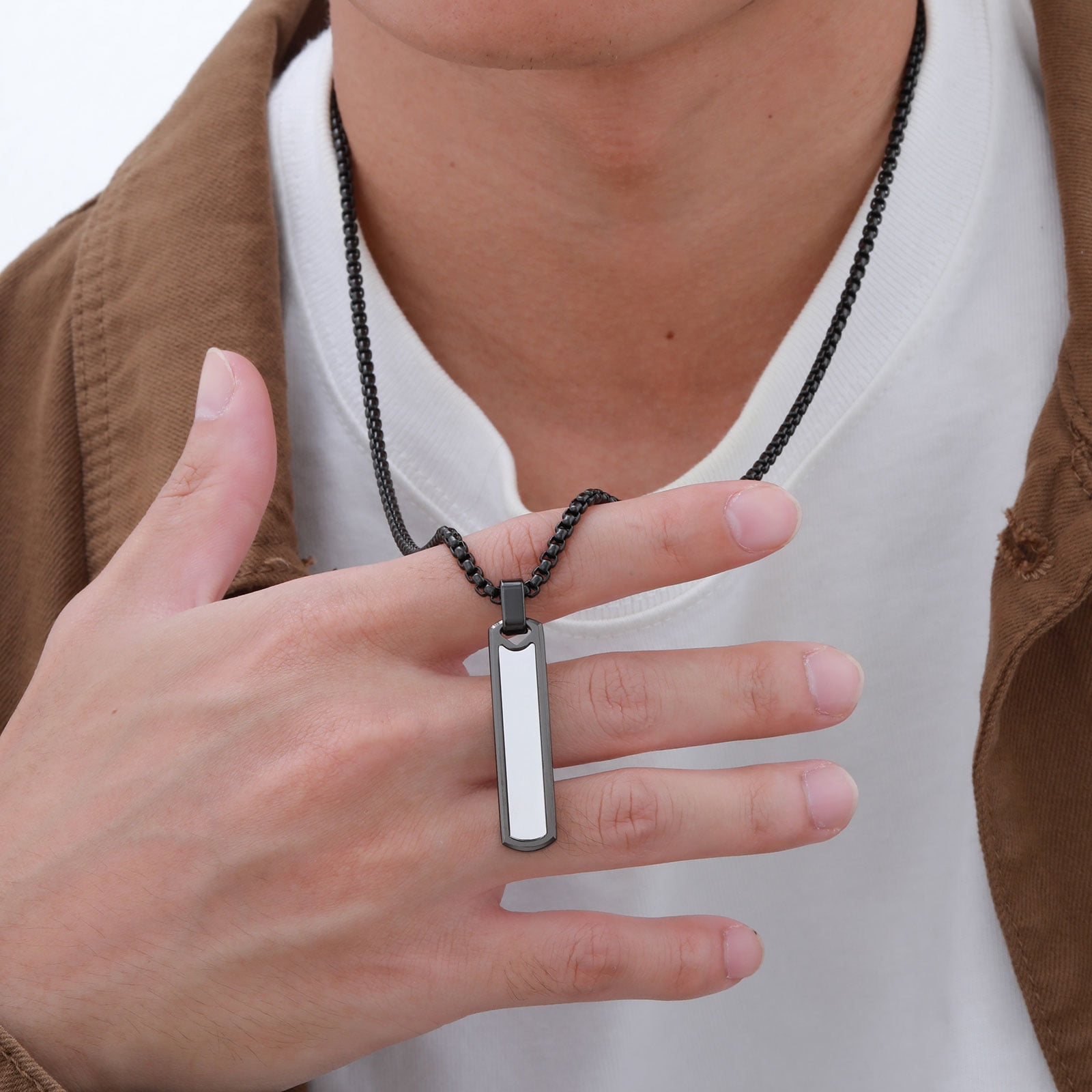 Bar Pendant Necklace for Men Simple Stainless Steel Box Chain Pendant ...