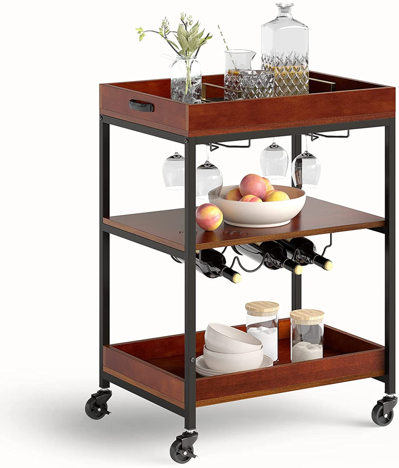 Bar Serving Cart Industrial Kitchen Island Cart w/ & Glass Holder Wood ...