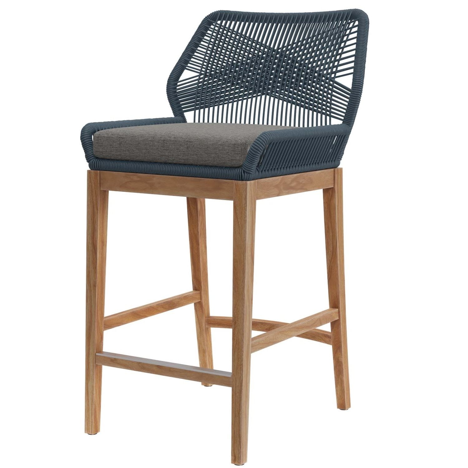 Bar Side Stool Chair, Blue Natural, Fabric, Teak Wood, Outdoor Patio ...