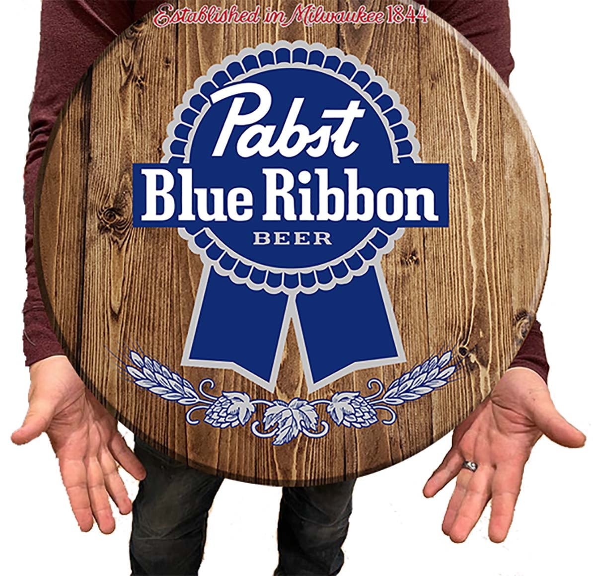 Bar Sign Blue Ribbon PBR Beer Inspired by Whiskey Barrel 18 Inch Wood ...