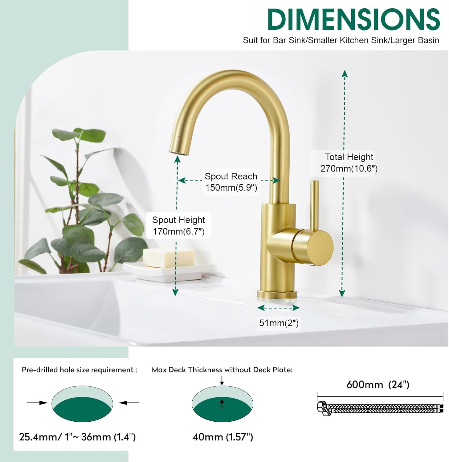 Bar Sink Faucet Single Hole, Brushed Gold Faucets for Large Bathroom ...