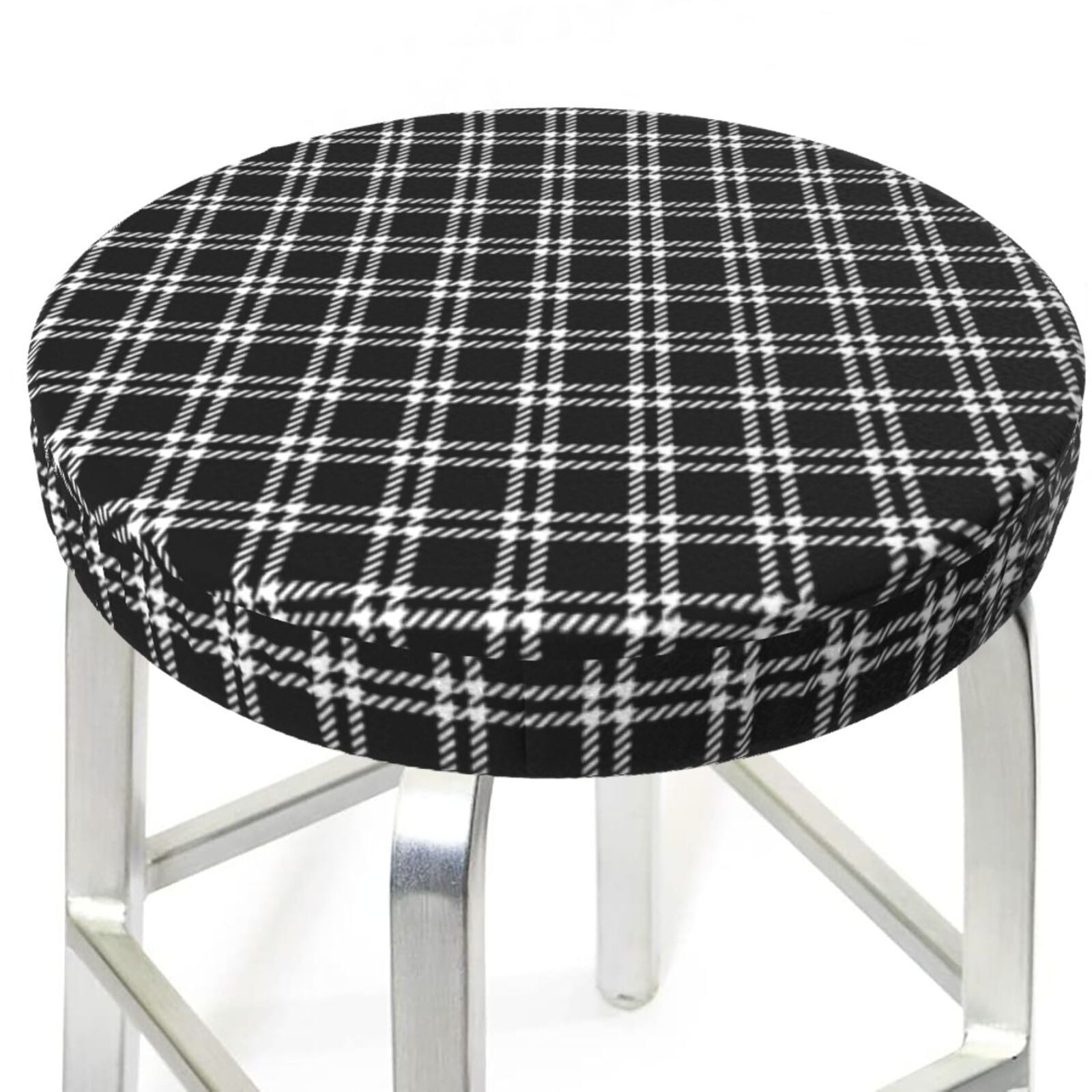Bar Stool Covers - Black white Checkered Plaid Stretch Round Seat ...