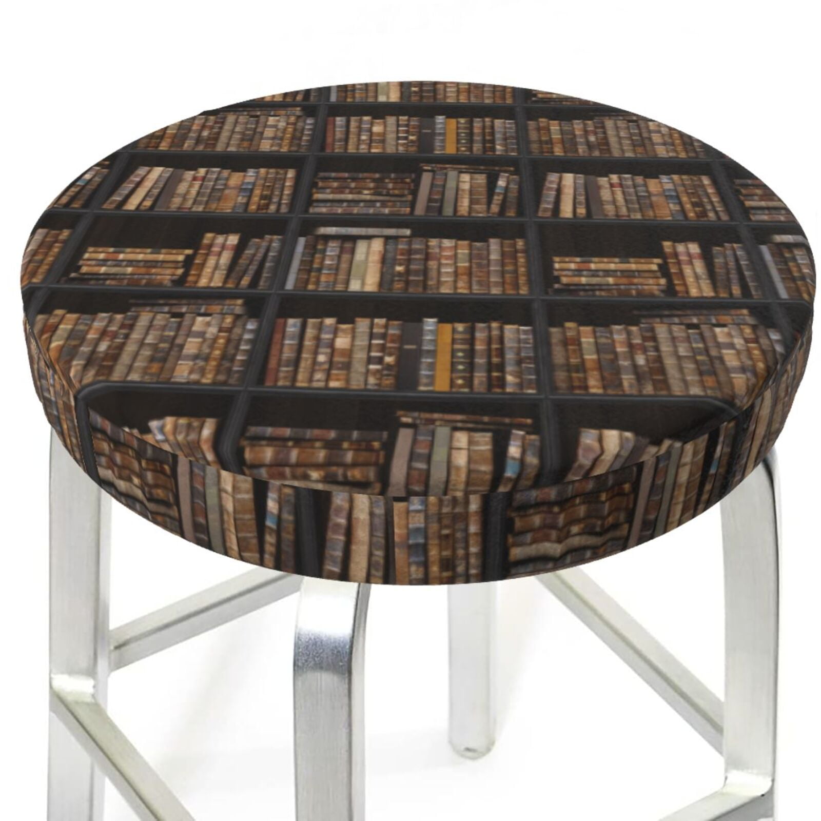 Bar Stool Covers - Bookshelf vintage bookshelf texture Stretch Round Seat Covers with Elastic ...