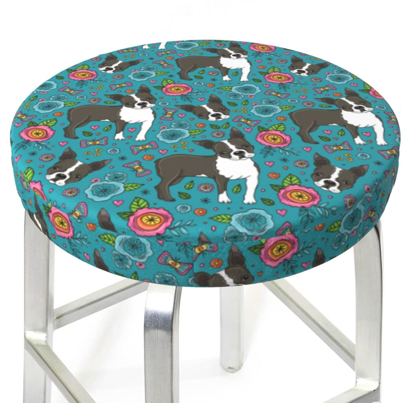 Bar Stool Covers - Boston terrier flowers green cute Stretch Round Seat ...