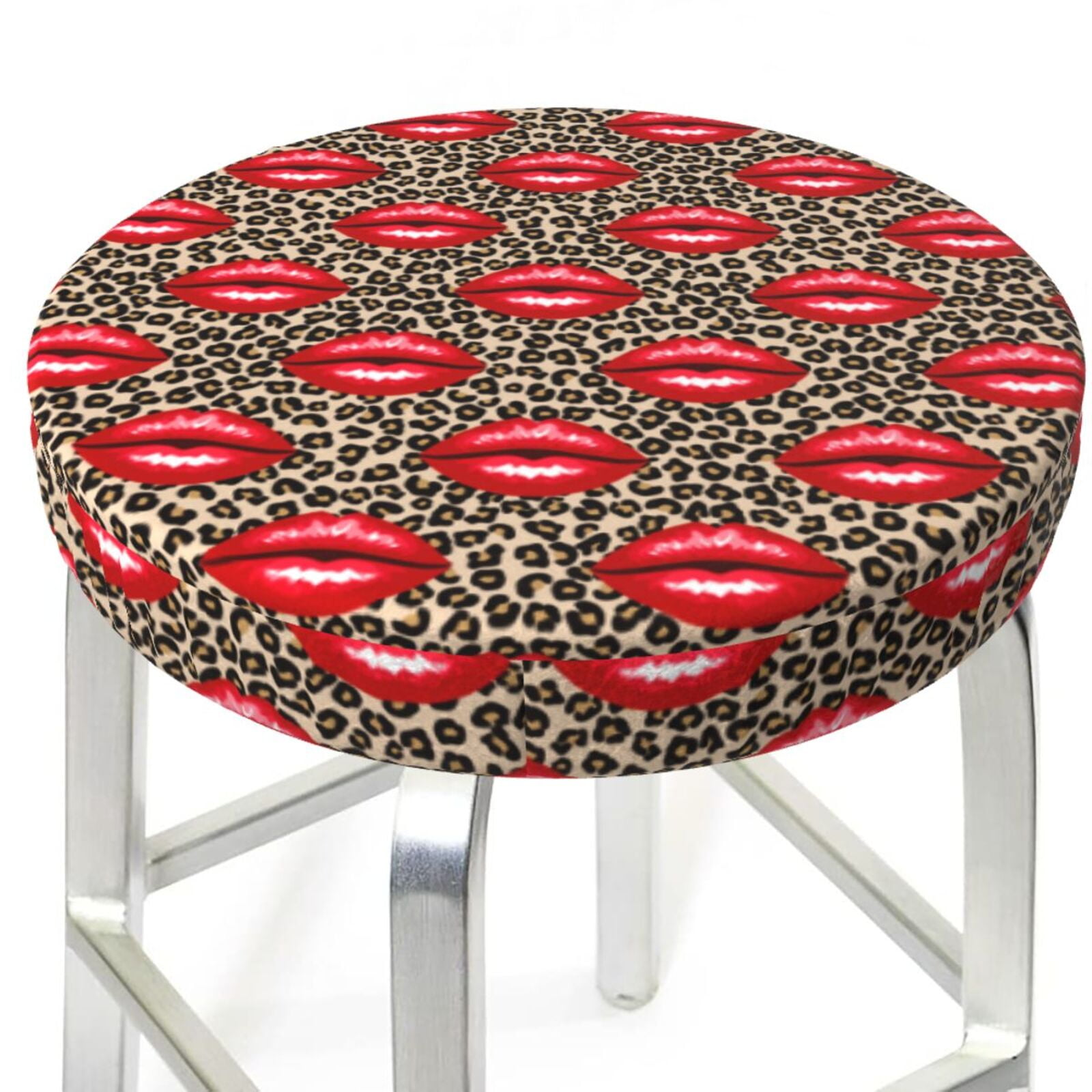 Bar Stool Covers - Bright red lips leopard Stretch Round Seat Covers ...