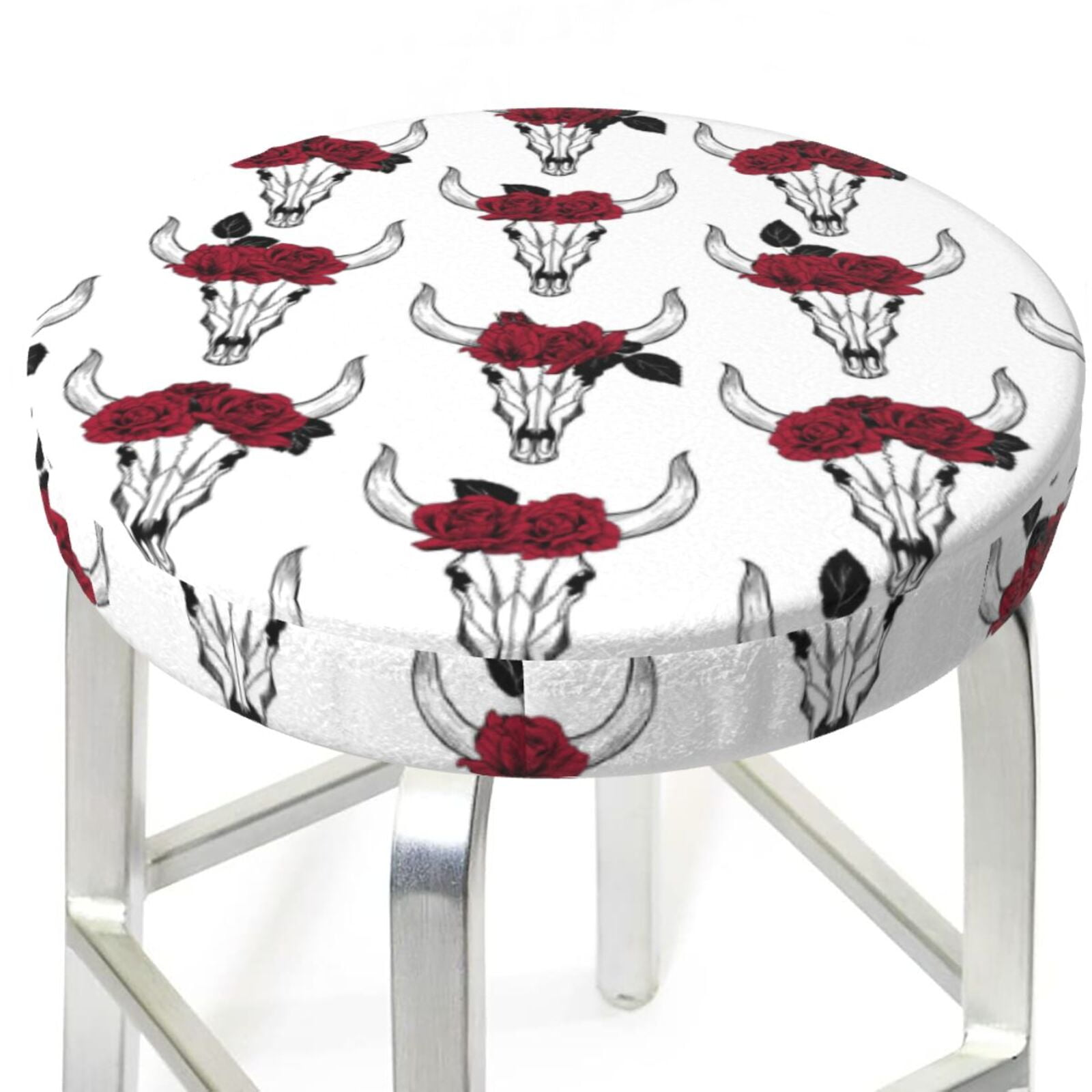 Bar Stool Covers - Bull skull rose white cool Stretch Round Seat Covers ...