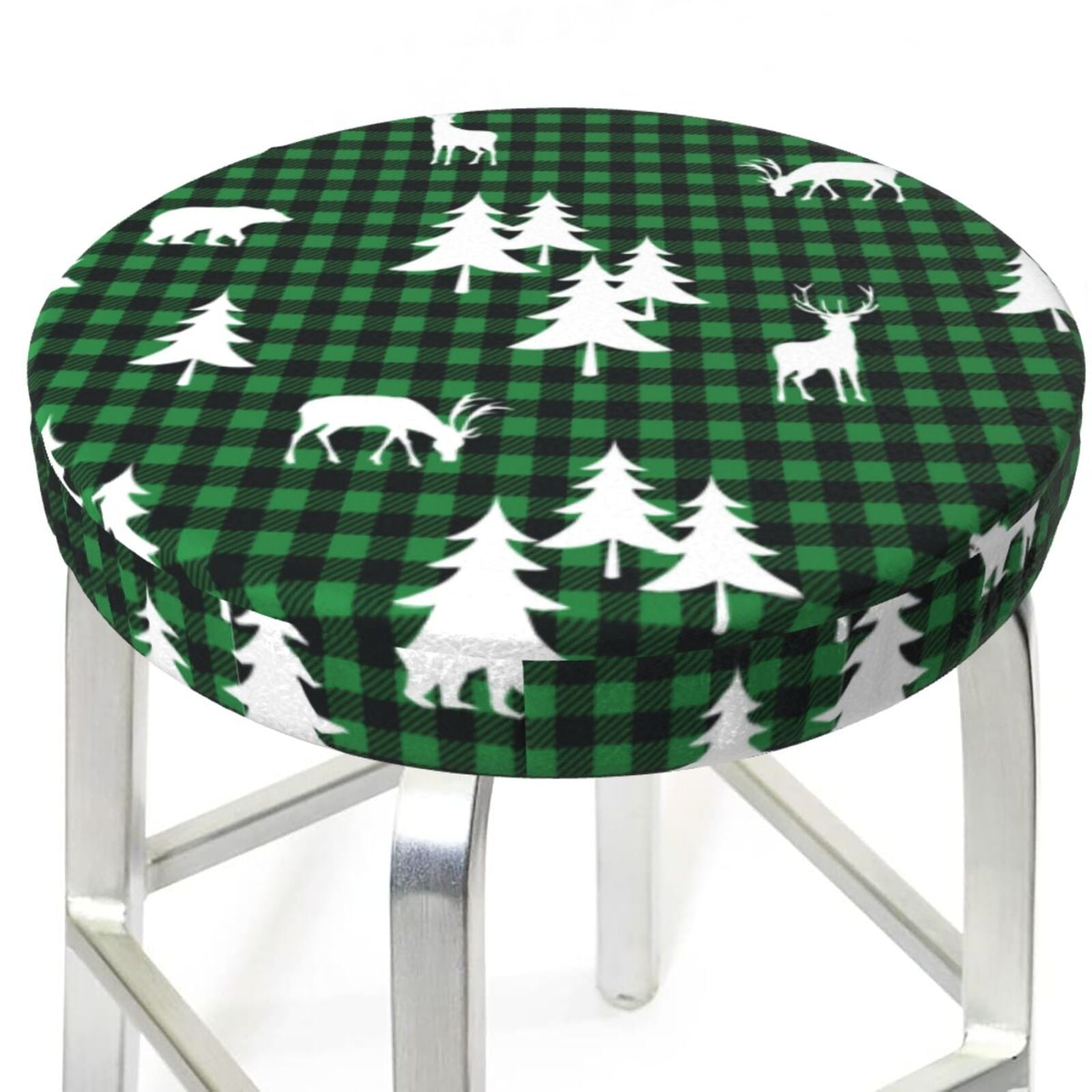 Bar Stool Covers - Christmas tree green plaid Stretch Round Seat Covers ...