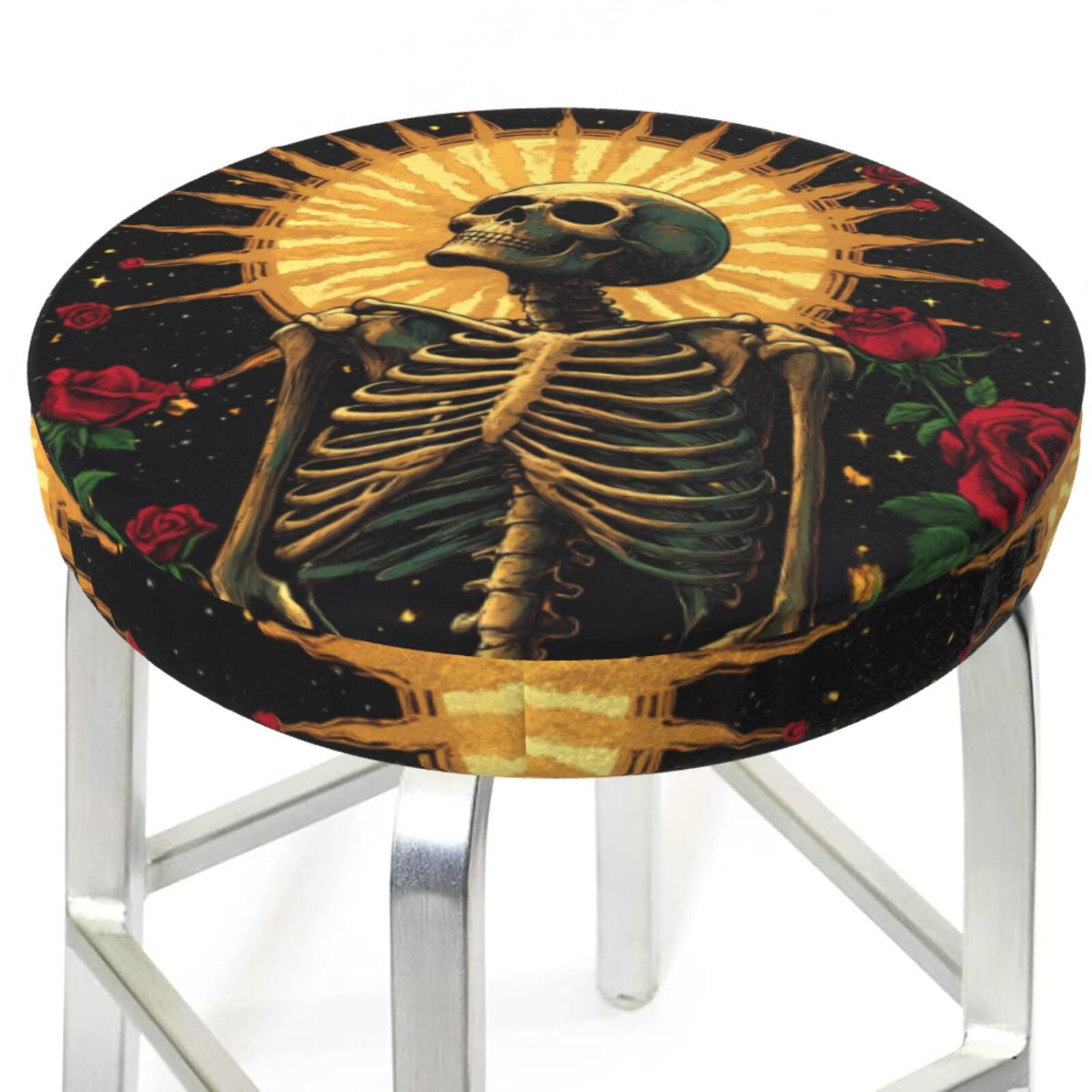 Bar Stool Covers - Gothic Skeleton with Roses Stretch Round Seat Covers ...