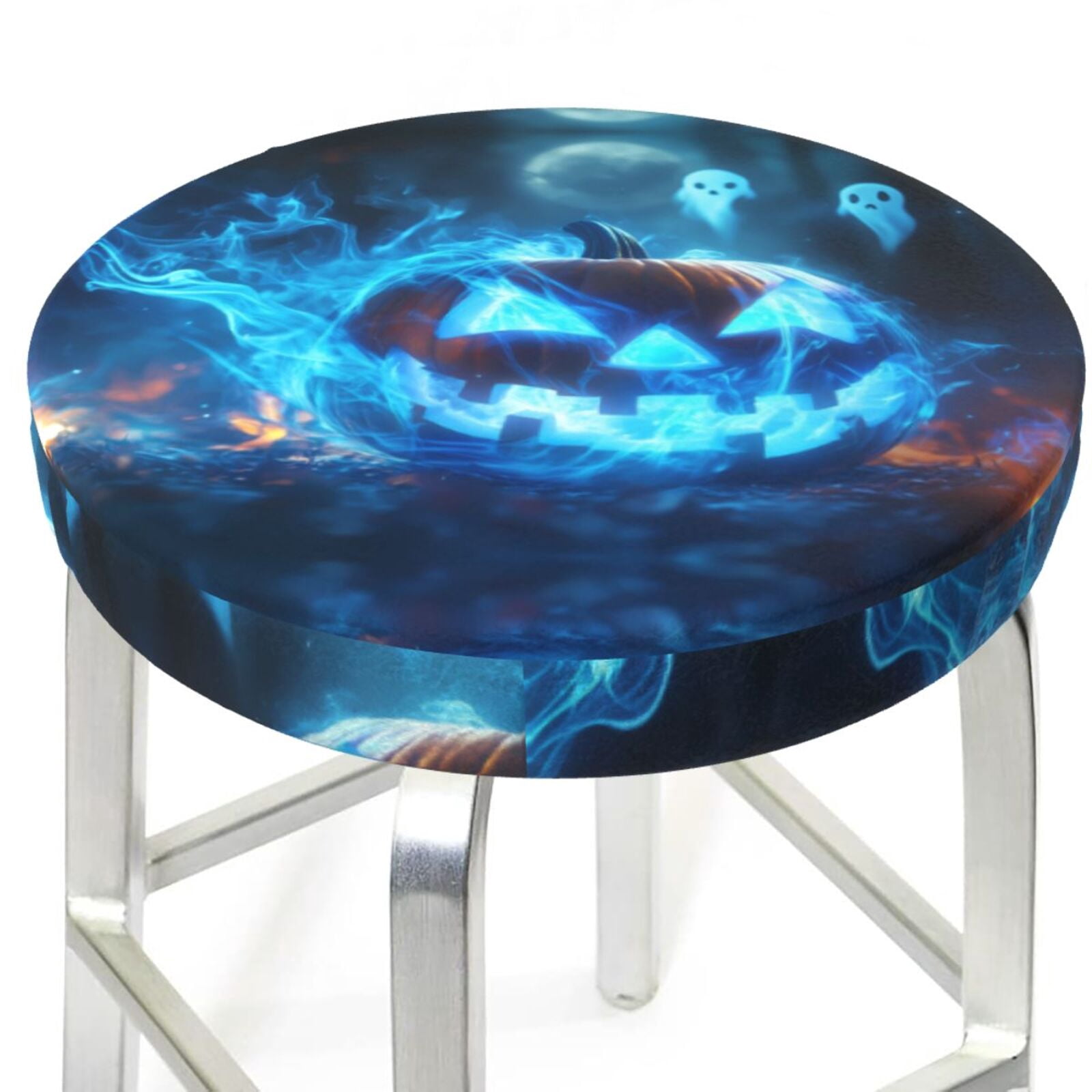 Bar Stool Covers - Halloween Blue Flame Pumpkin Ghost Stretch Round ...