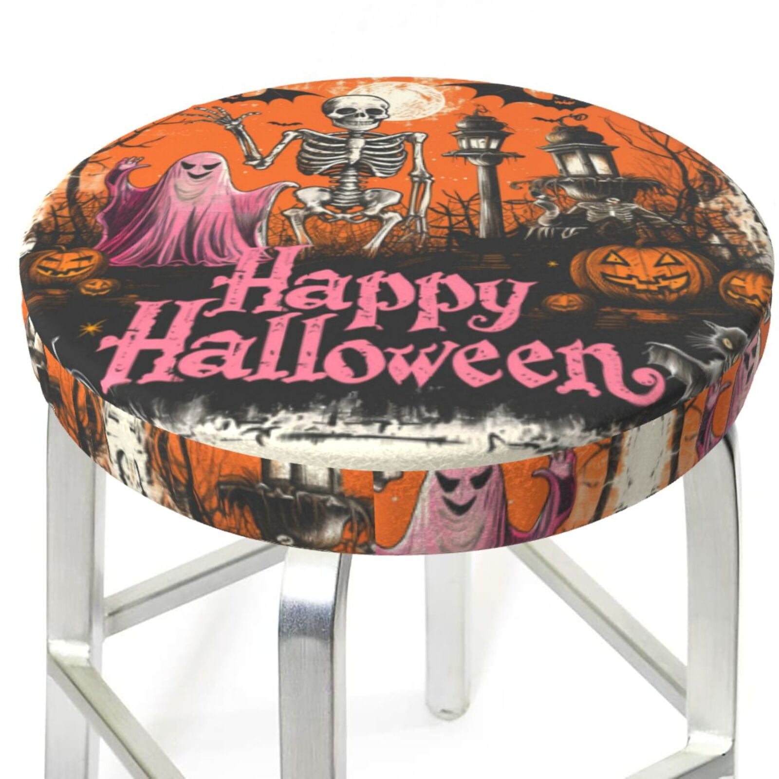 Bar Stool Covers - Halloween Happy Skull Pink Ghost Stretch Round Seat ...