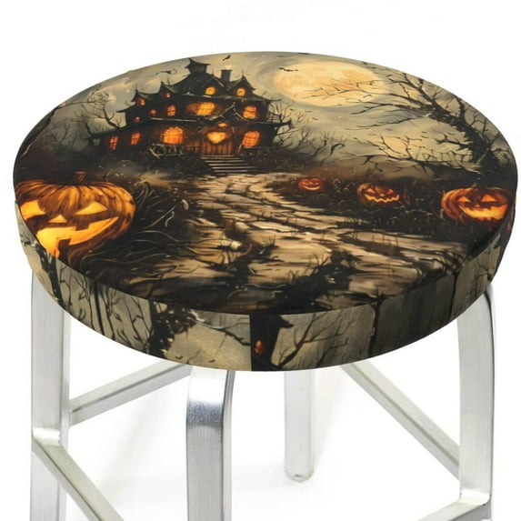 Bar Stool Covers - Halloween Pumpkin Forest Path Stretch Round Seat ...