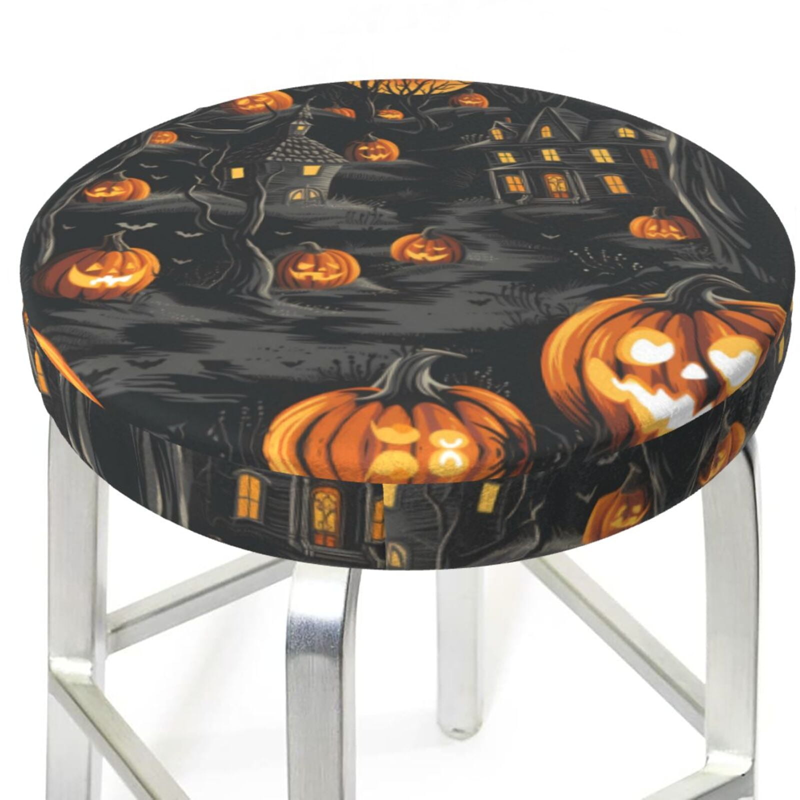 Bar Stool Covers - Halloween Village Nightscape A Stretch Round Seat ...