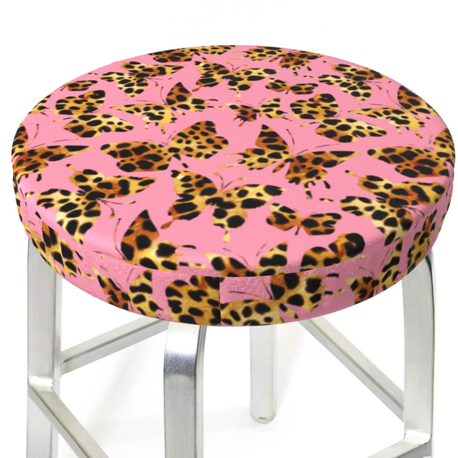 Bar Stool Covers - Leopard butterfly pink Stretch Round Seat Covers ...