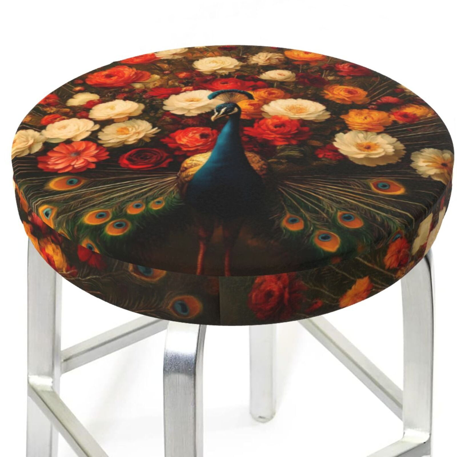 Bar Stool Covers - Peacock Floral Bloom Stretch Round Seat Covers with ...