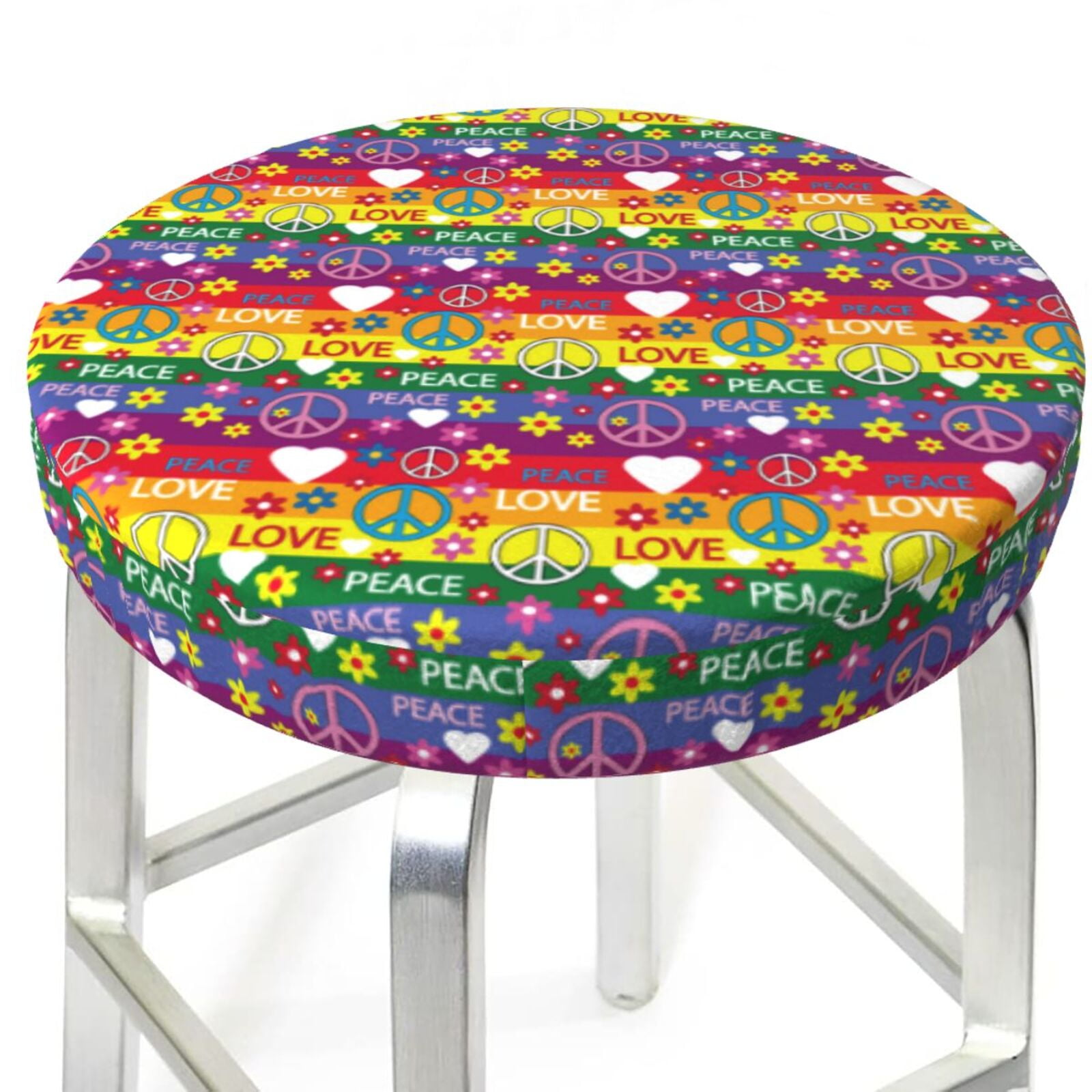 Bar Stool Covers - Rainbow peace sign heart flower Stretch Round Seat ...