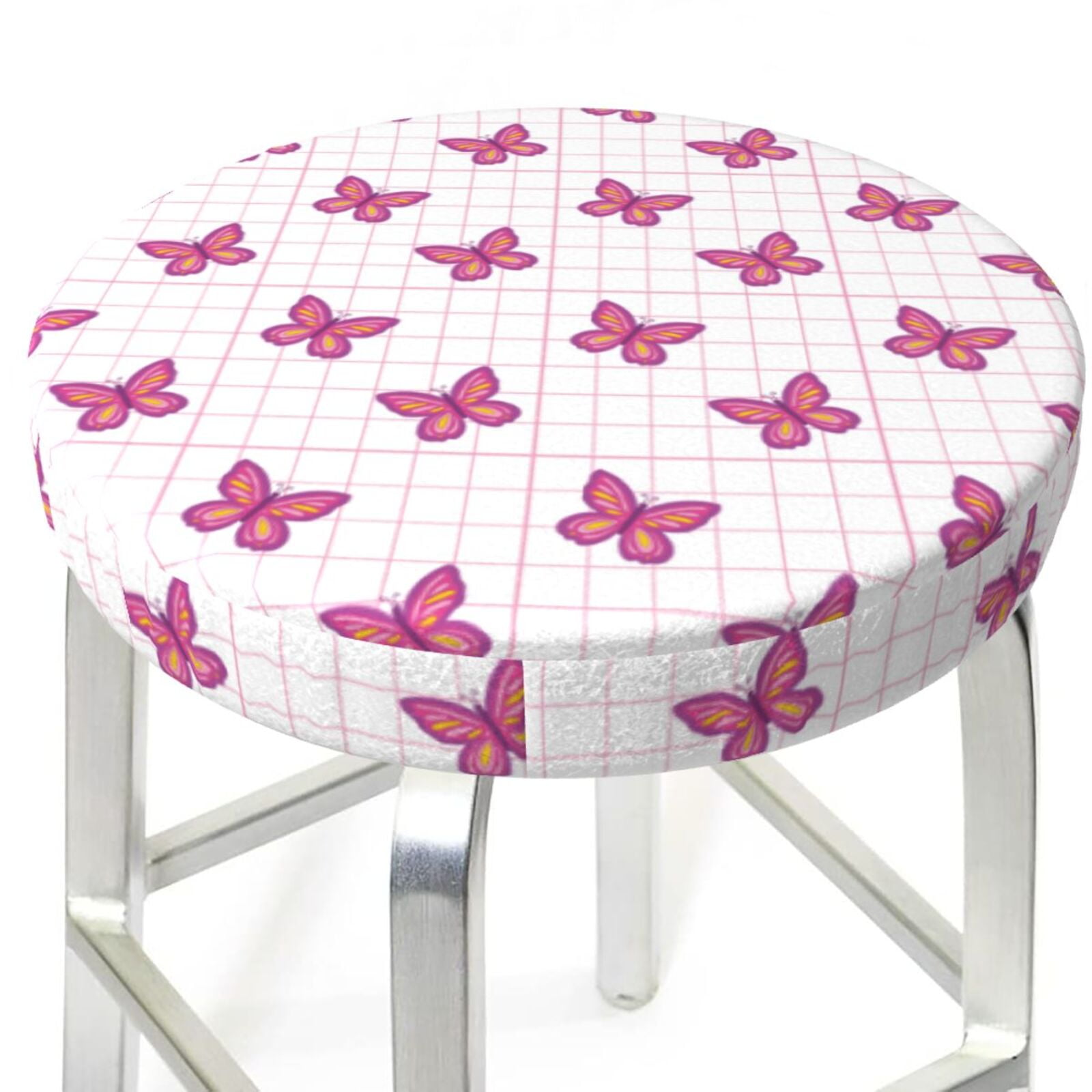 Bar Stool Covers - Retro Pink butterfly Grid Y2K 90s Stretch Round Seat ...