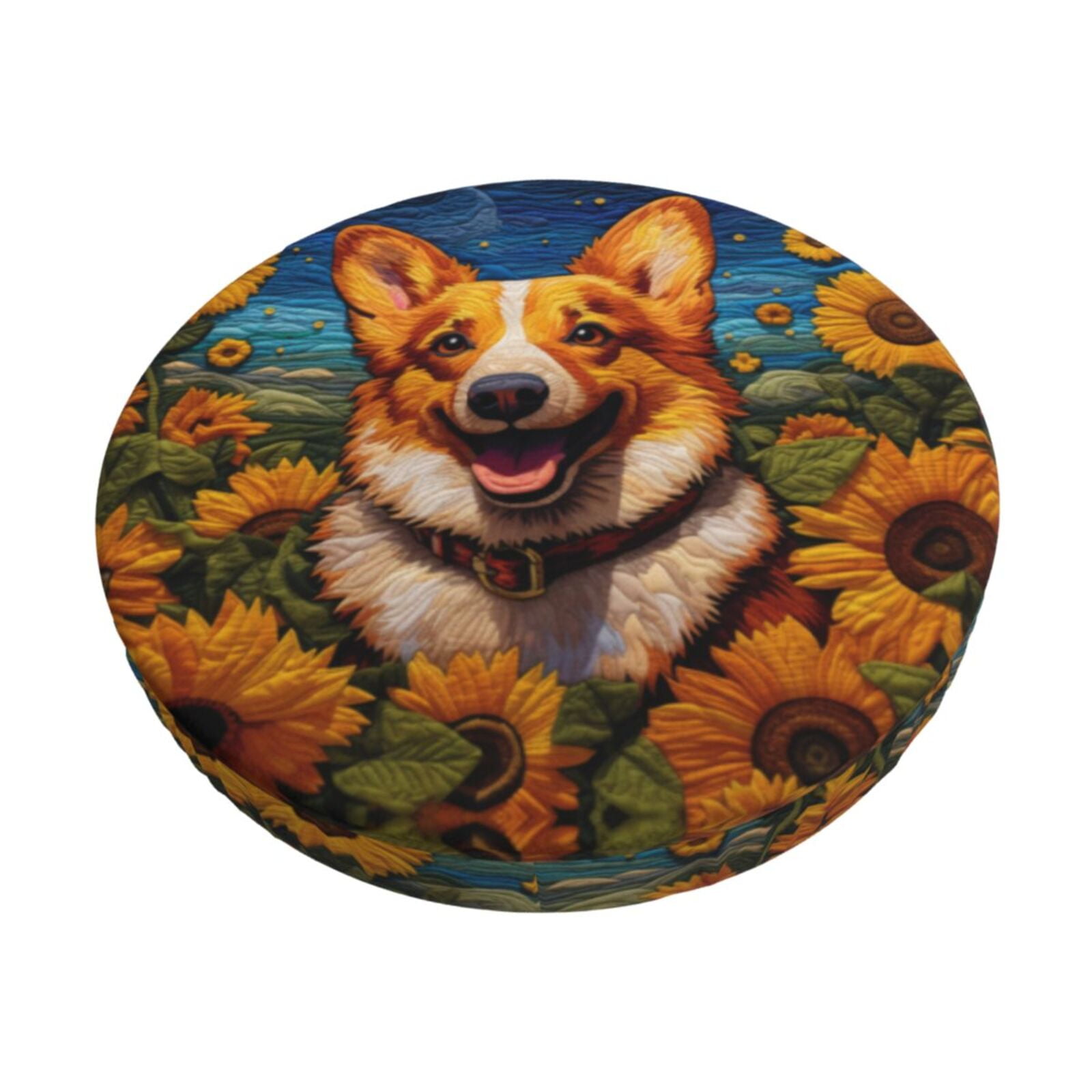 Bar Stool Covers Round, Artistic Sunflower Corgi Bar Stool Cushion ...
