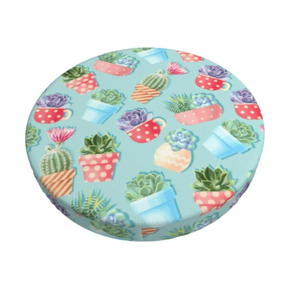 Bar Stool Covers Round, Blue Cactus Potted Plant Bar Stool Cushion ...