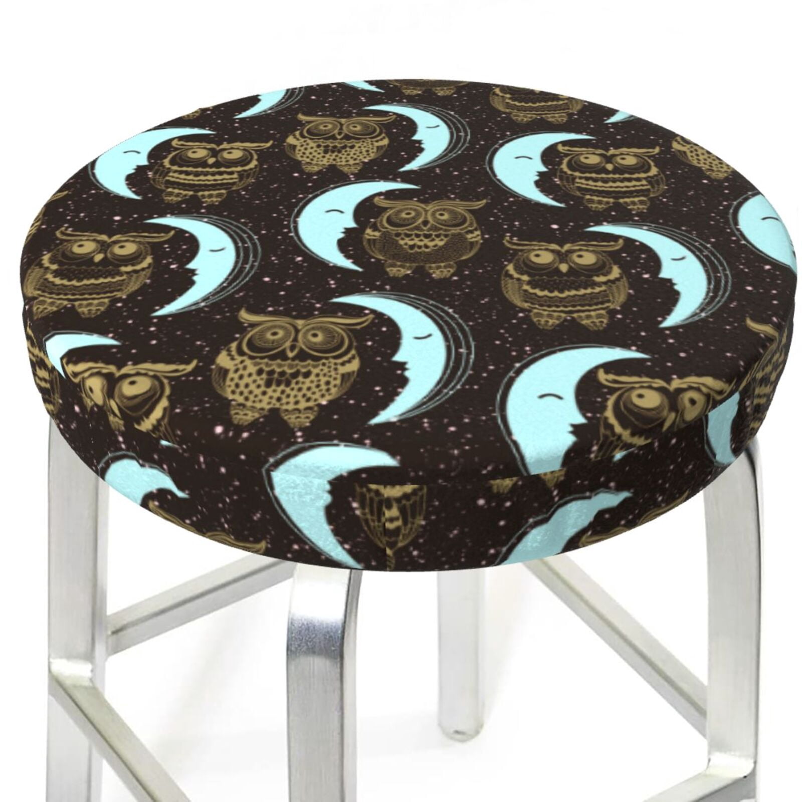 Bar Stool Covers Round, Cartoon owls moon night starry sky Bar Stool ...
