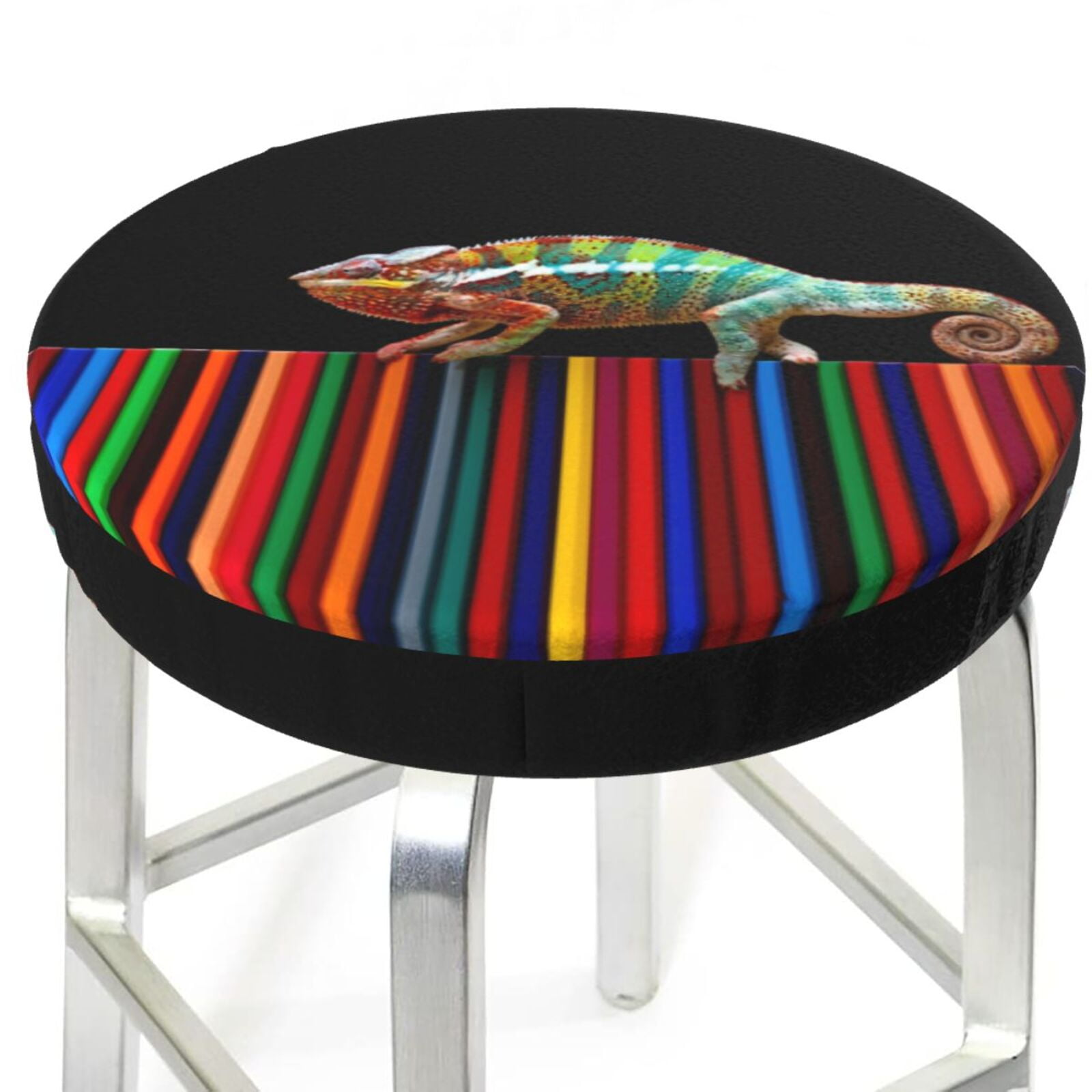 Bar Stool Covers Round, Chameleon Panther On Colored Pencils Bar Stool ...
