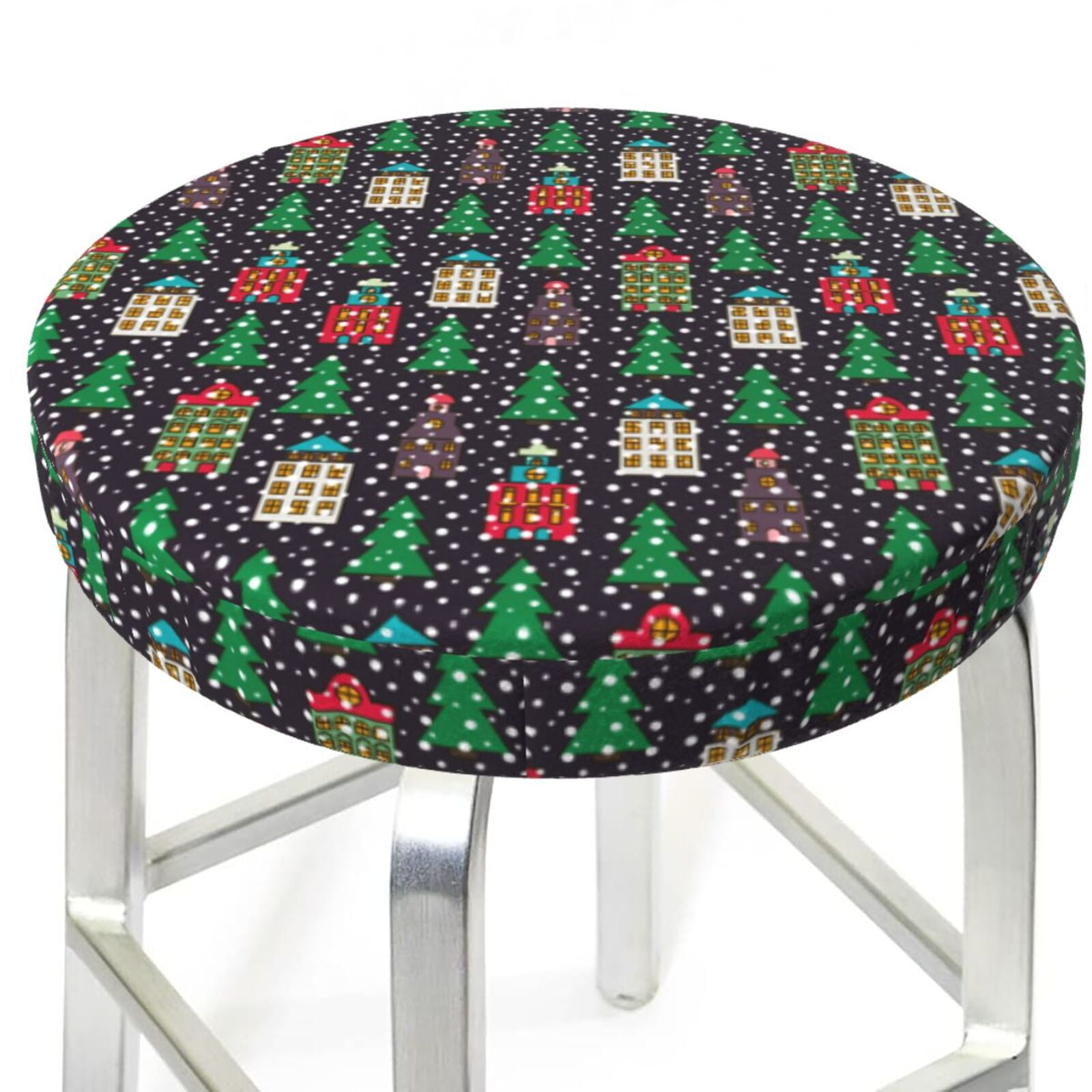 Bar Stool Covers Round, Christmas Trees And Houses Bar Stool Cushion ...