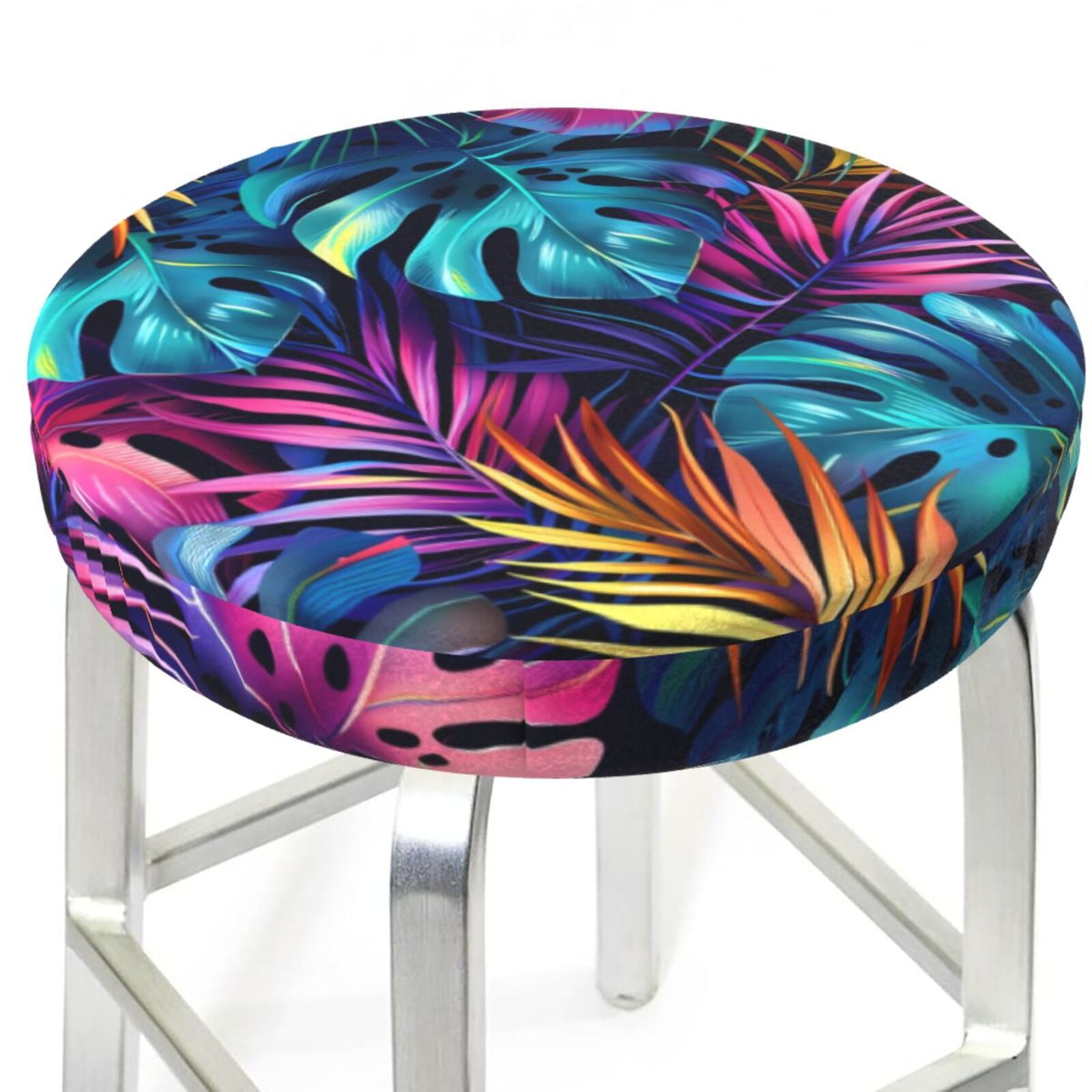 Bar Stool Covers Round, Colorful Tropical Leaves Washable Round Seat ...