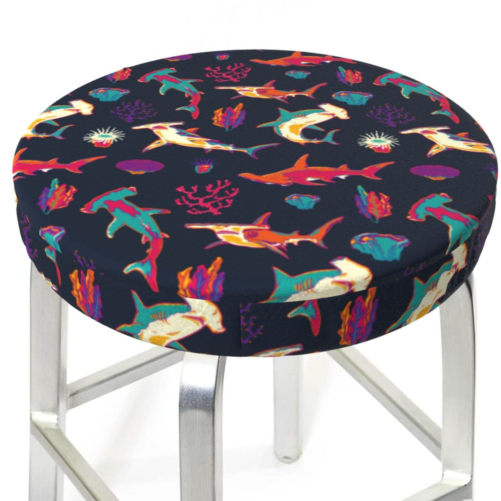 Bar Stool Covers Round, Colorful coral hammerhead shark Washable Round ...