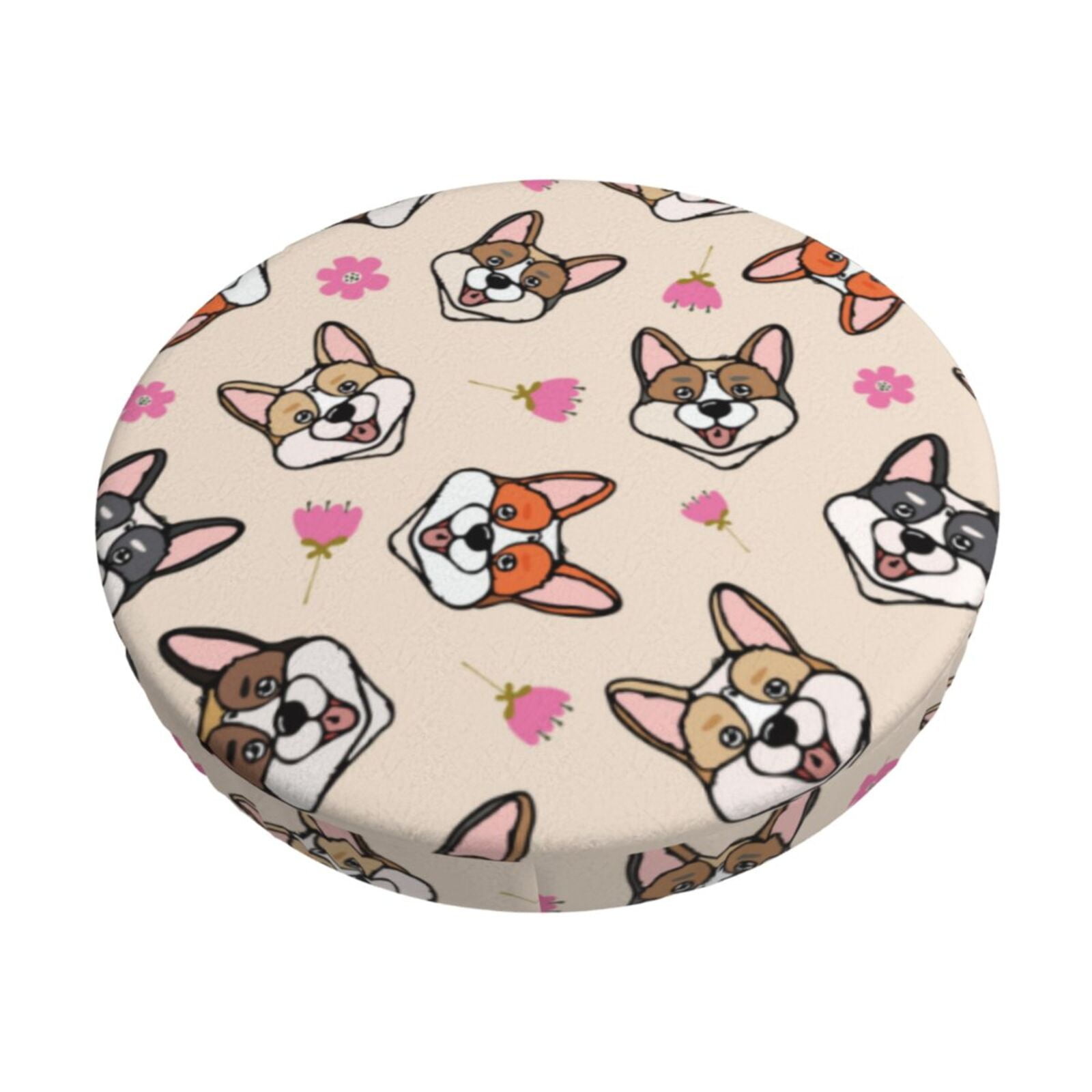 Bar Stool Covers Round, Cute Corgi Dog Funny Flower Bar Stool Cushion ...