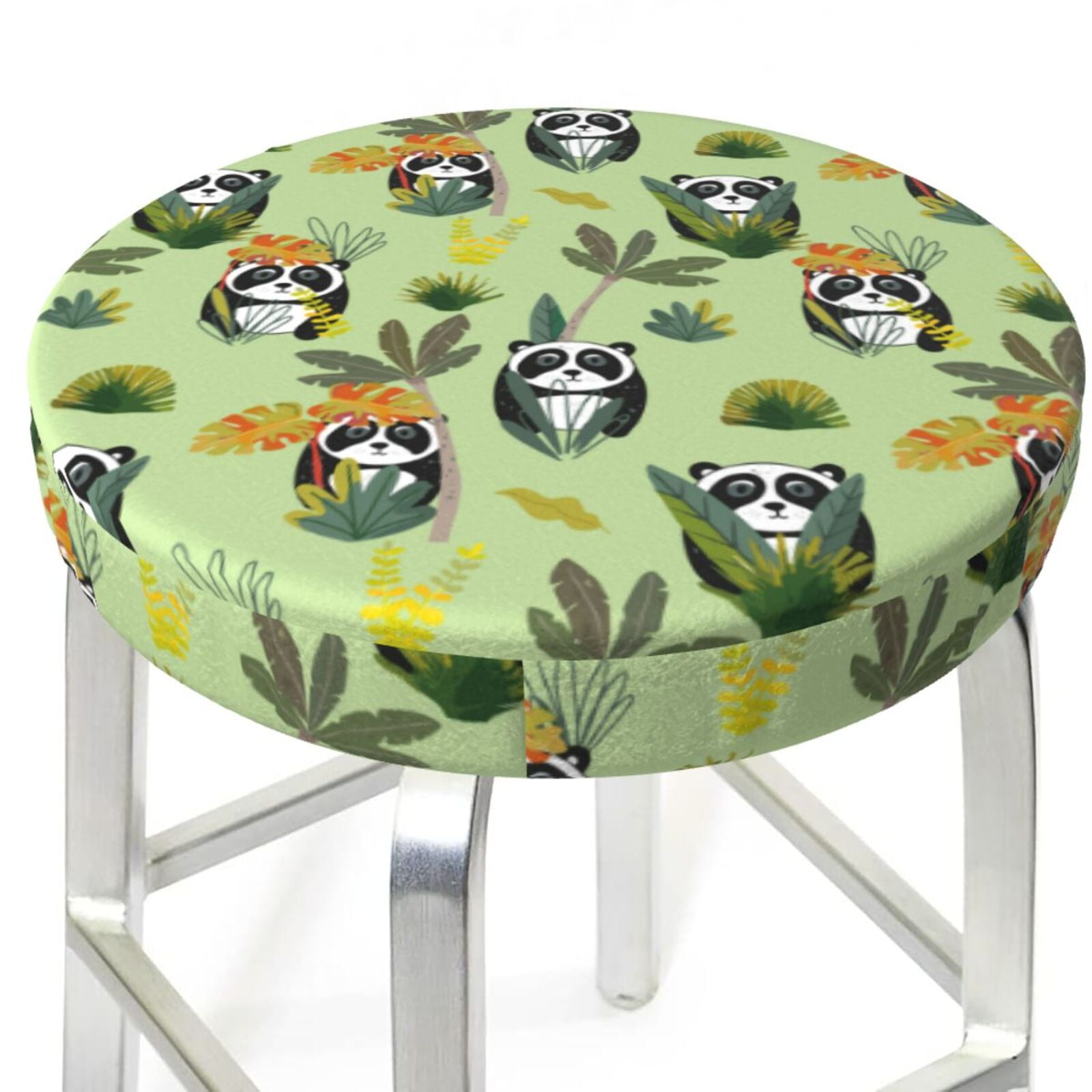 Bar Stool Covers Round, Cute Panda Bear In Greenery Forest Bar Stool ...