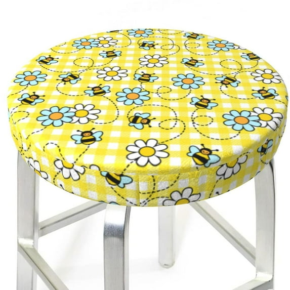 Bar Stool Covers Round, Cute bees daisies yellow checkered Bar Stool ...