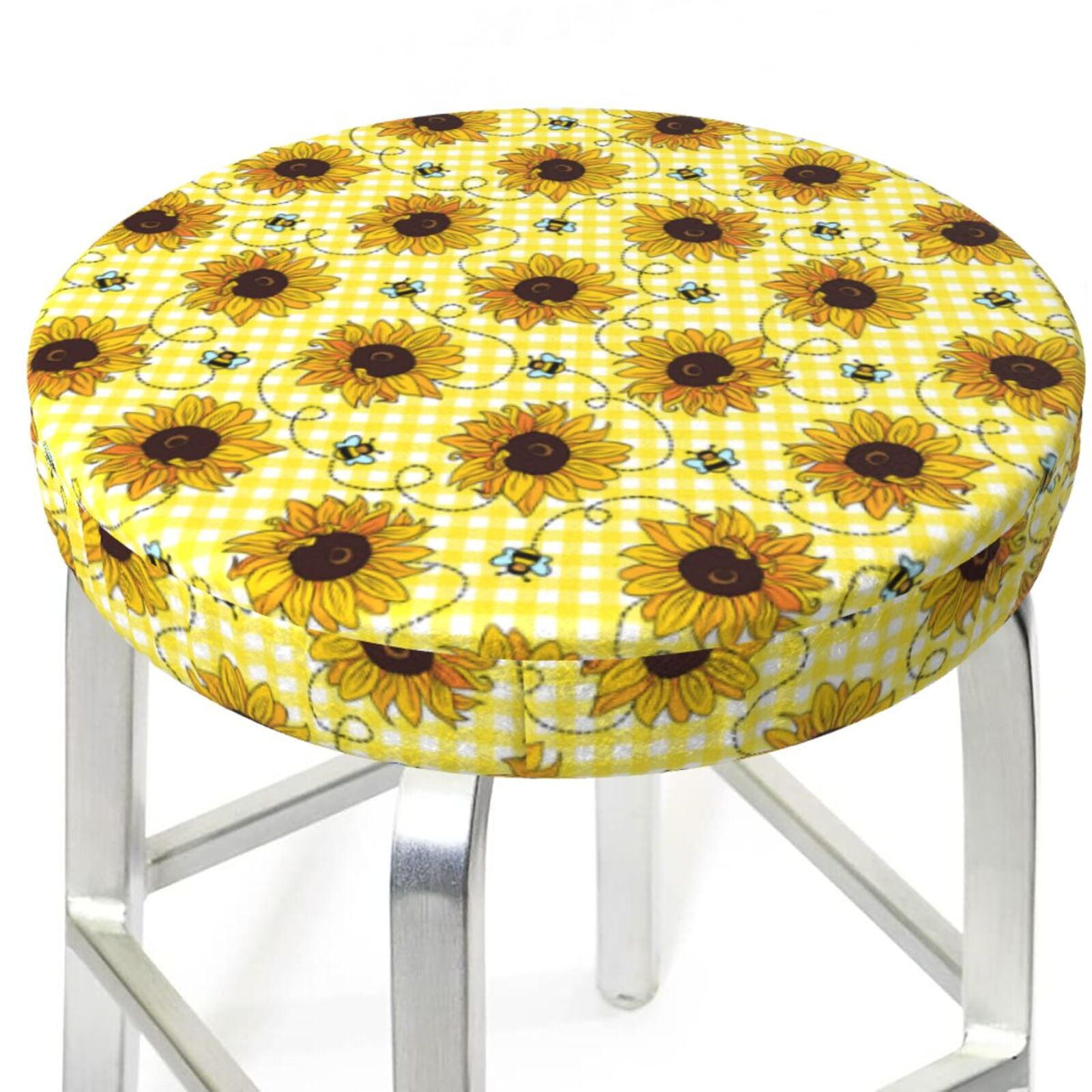 Bar Stool Covers Round, Cute bees sunflowers checkered Bar Stool ...