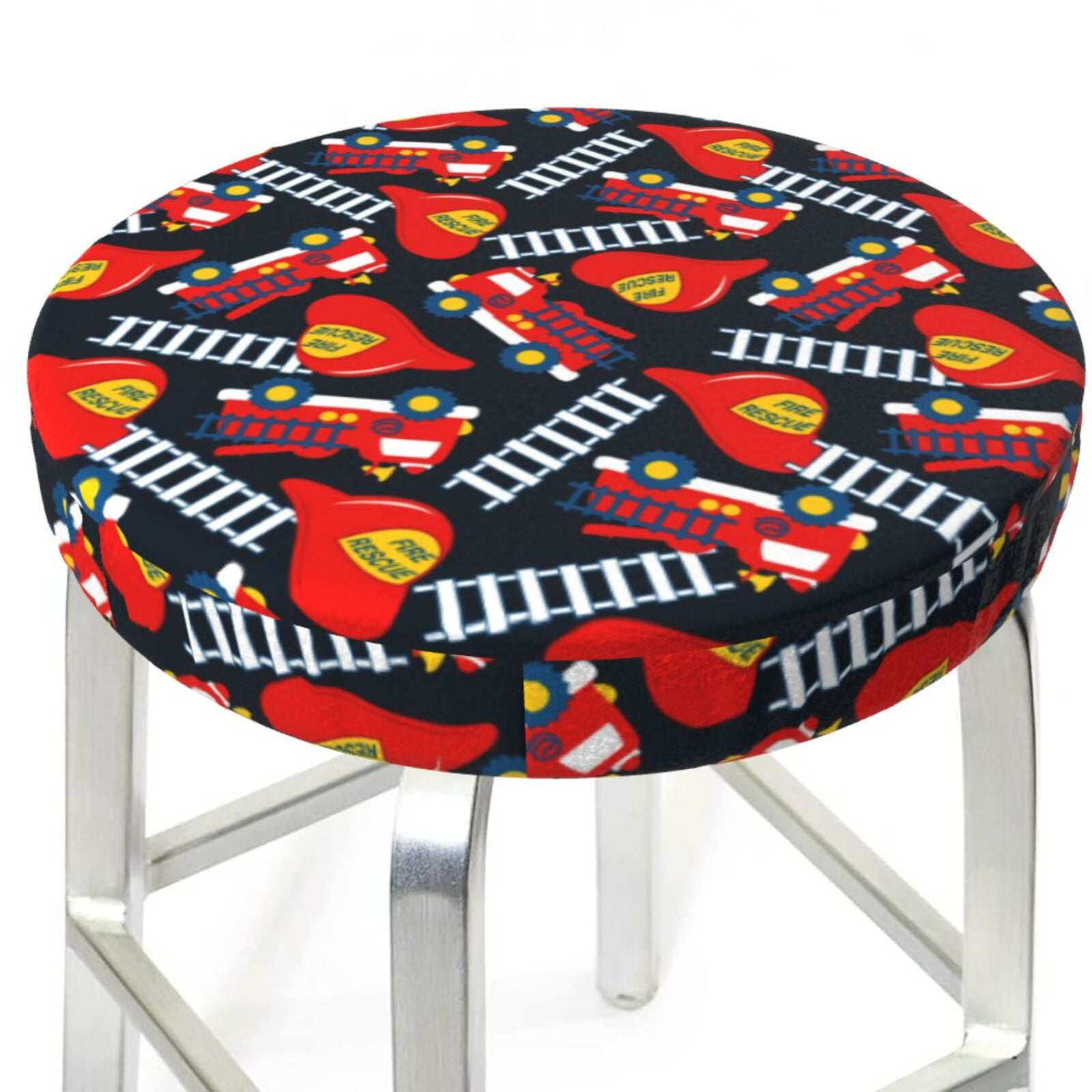 Bar Stool Covers Round, Fire Rescue With Red Helmet And Truck Bar Stool ...