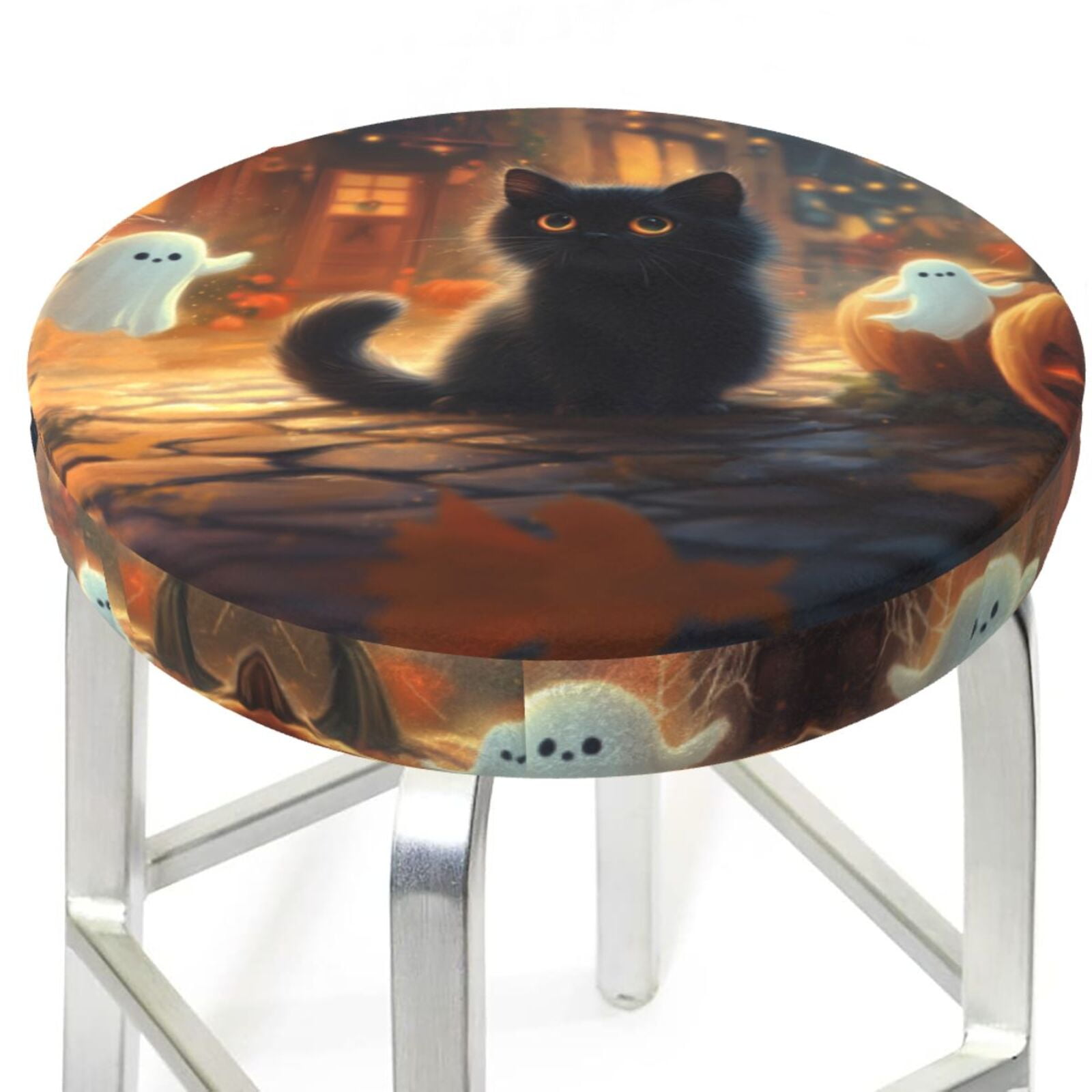 Bar Stool Covers Round, Halloween Cute Ghost Black Cat Pumpkin Bar ...