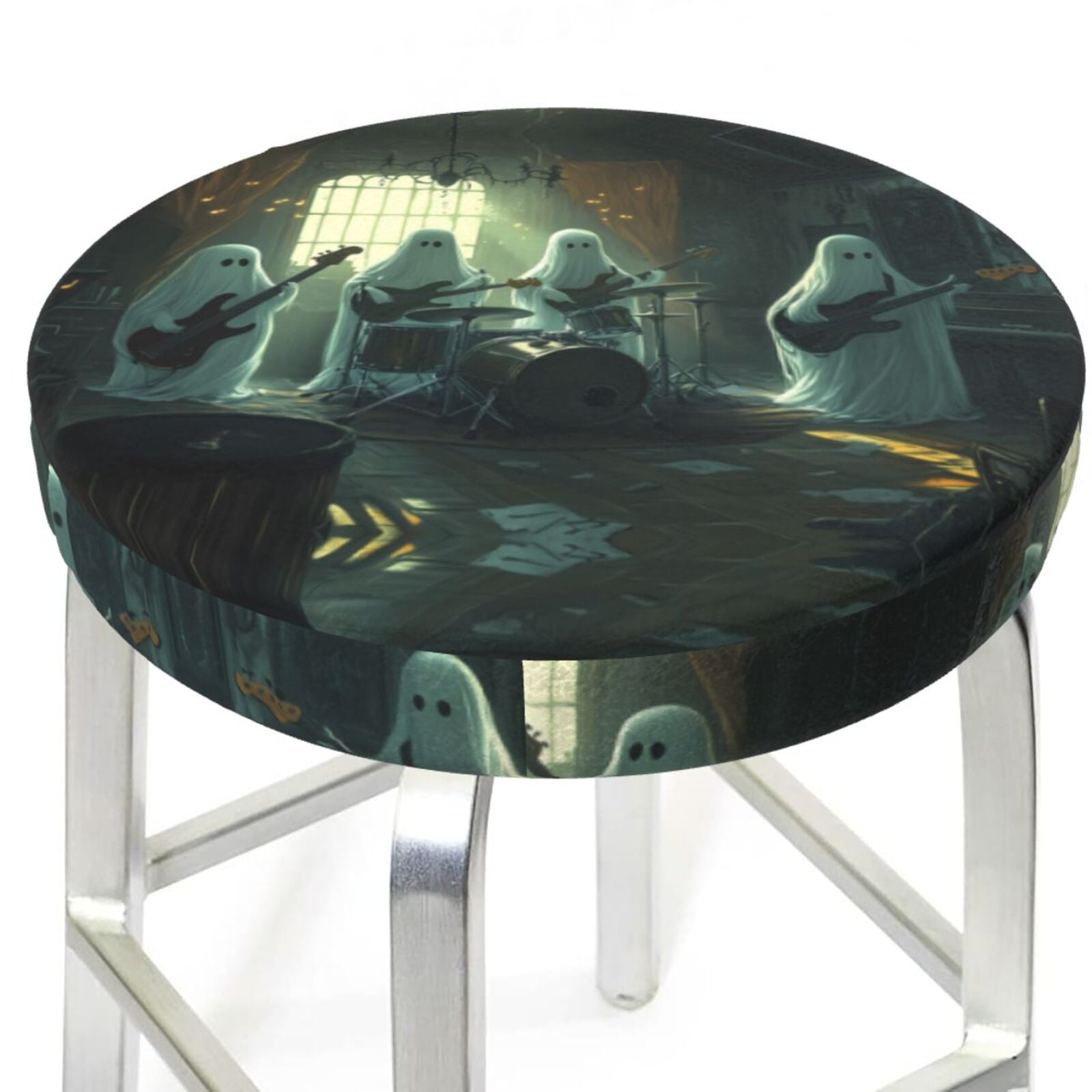 Bar Stool Covers Round, Halloween Ghost Guitar Band Bar Stool Cushion ...