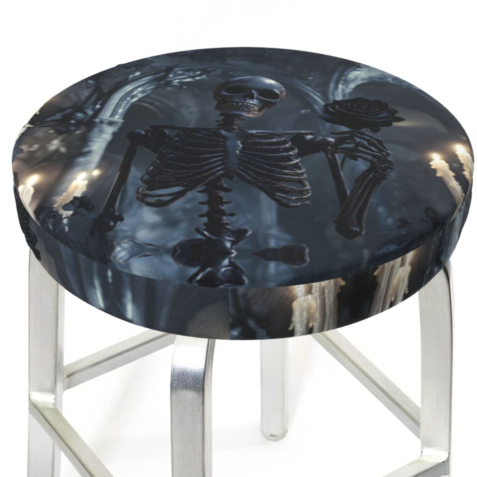 Bar Stool Covers Round, Halloween Gothic Skull Rose A Bar Stool Cushion ...