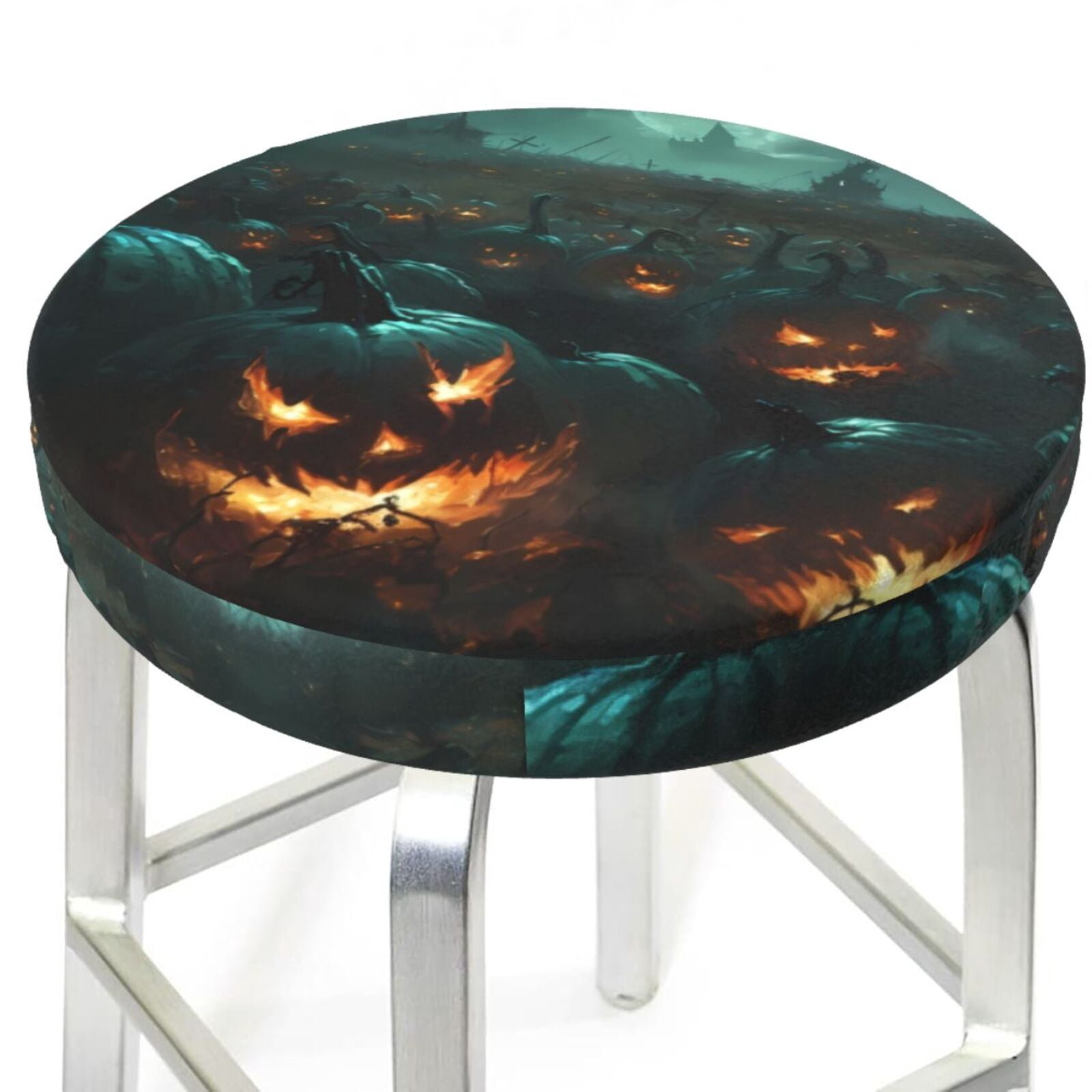 Bar Stool Covers Round, Halloween Night Sky Pumpkin Field Bar Stool ...